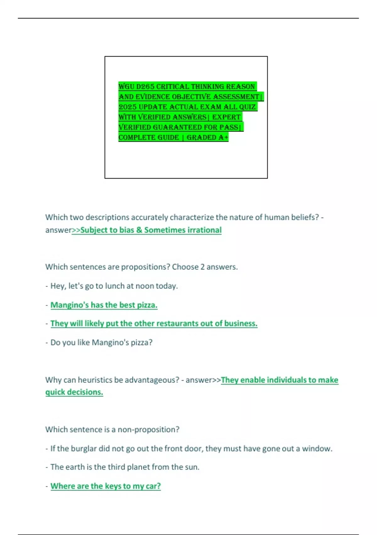 WGU D265 CRITICAL THINKING REASON AND EVIDENCE OBJECTIVE ASSESSMENT ...