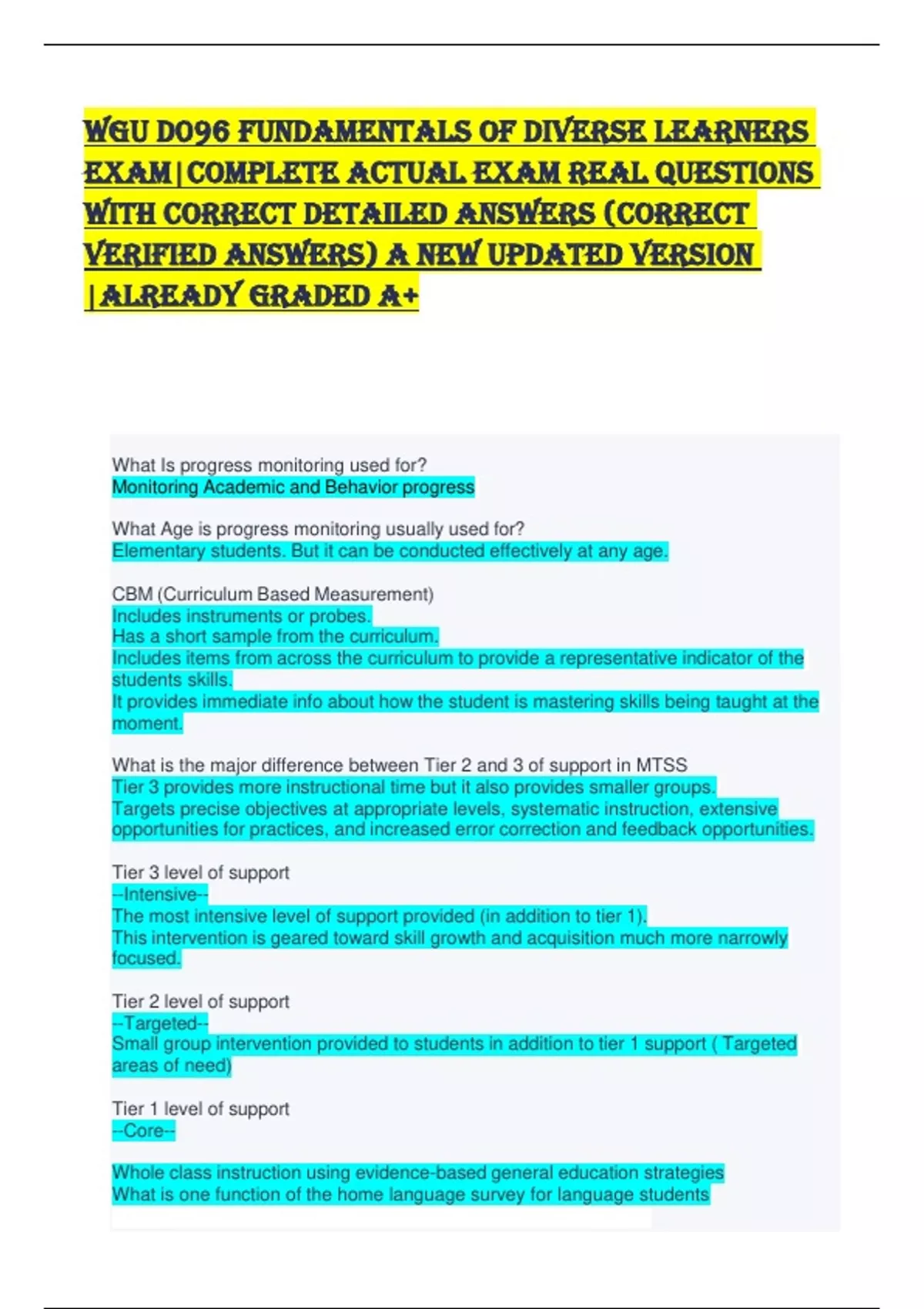 WGU D096 FUNDAMENTALS OF DIVERSE LEARNERS EXAM|COMPLETE ACTUAL EXAM REAL QUESTIONS WITH CORRECT ...