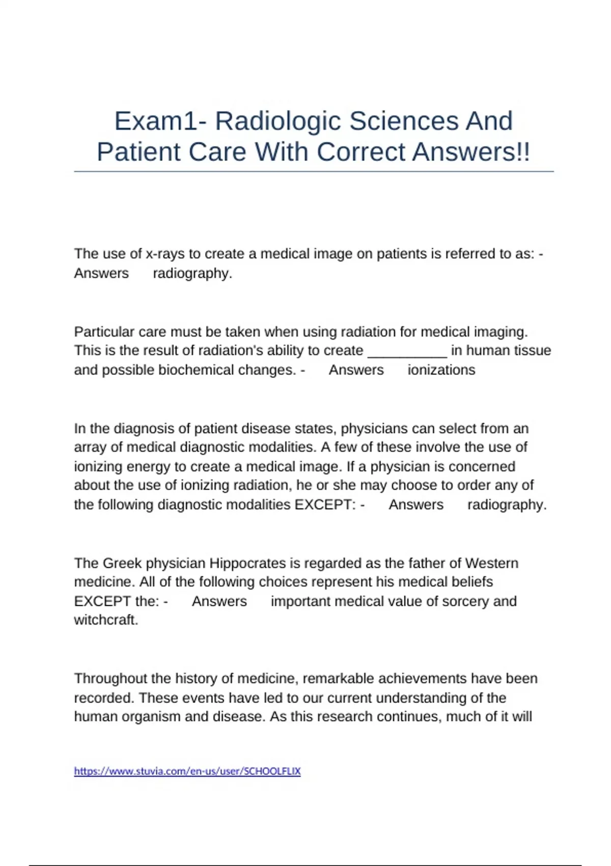 Exam1- Radiologic Sciences And Patient Care With Correct Answers ...