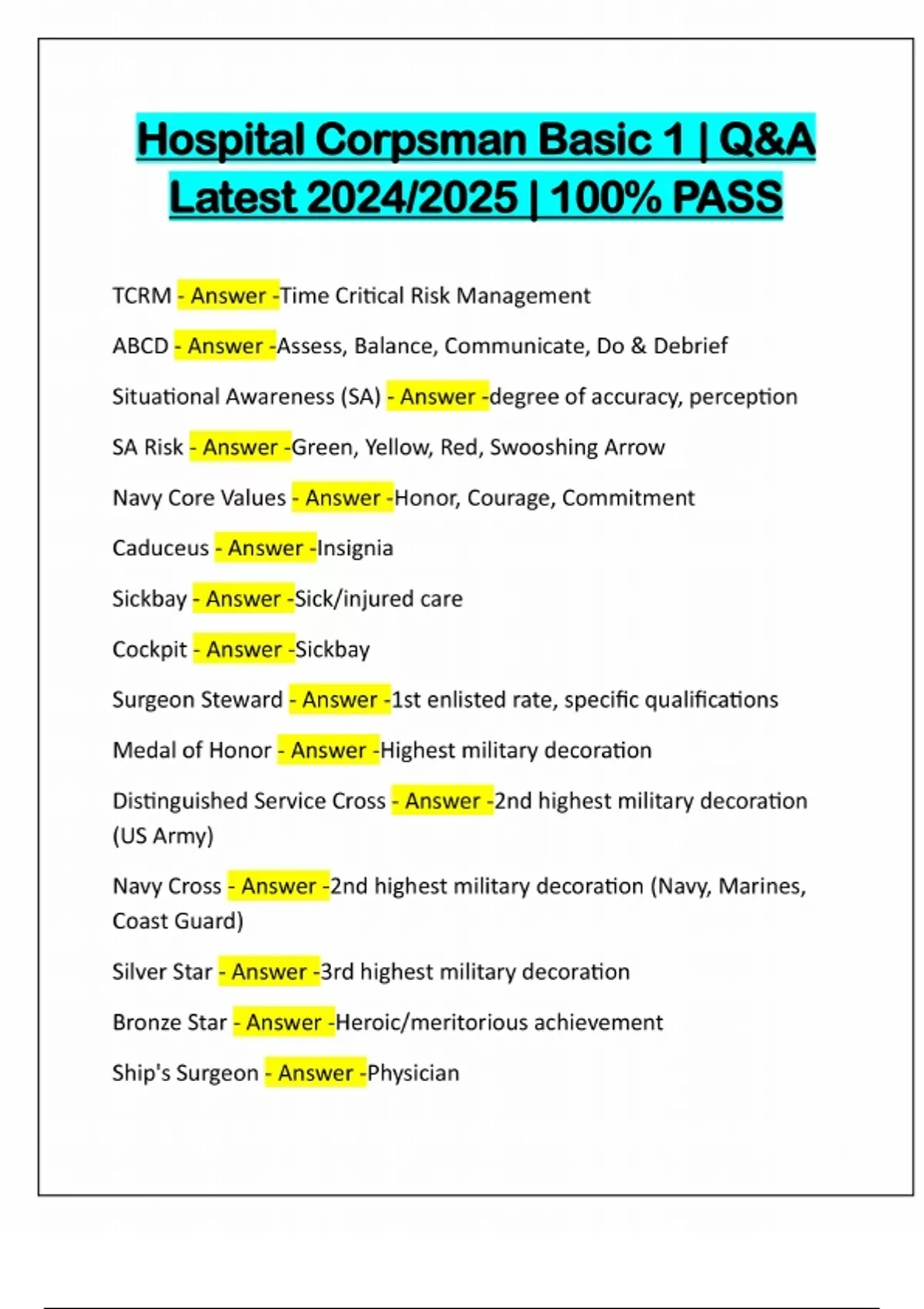 Hospital Corpsman Basic 1 | Q&A Latest 2024/2025 | 100% PASS - Hcb ...