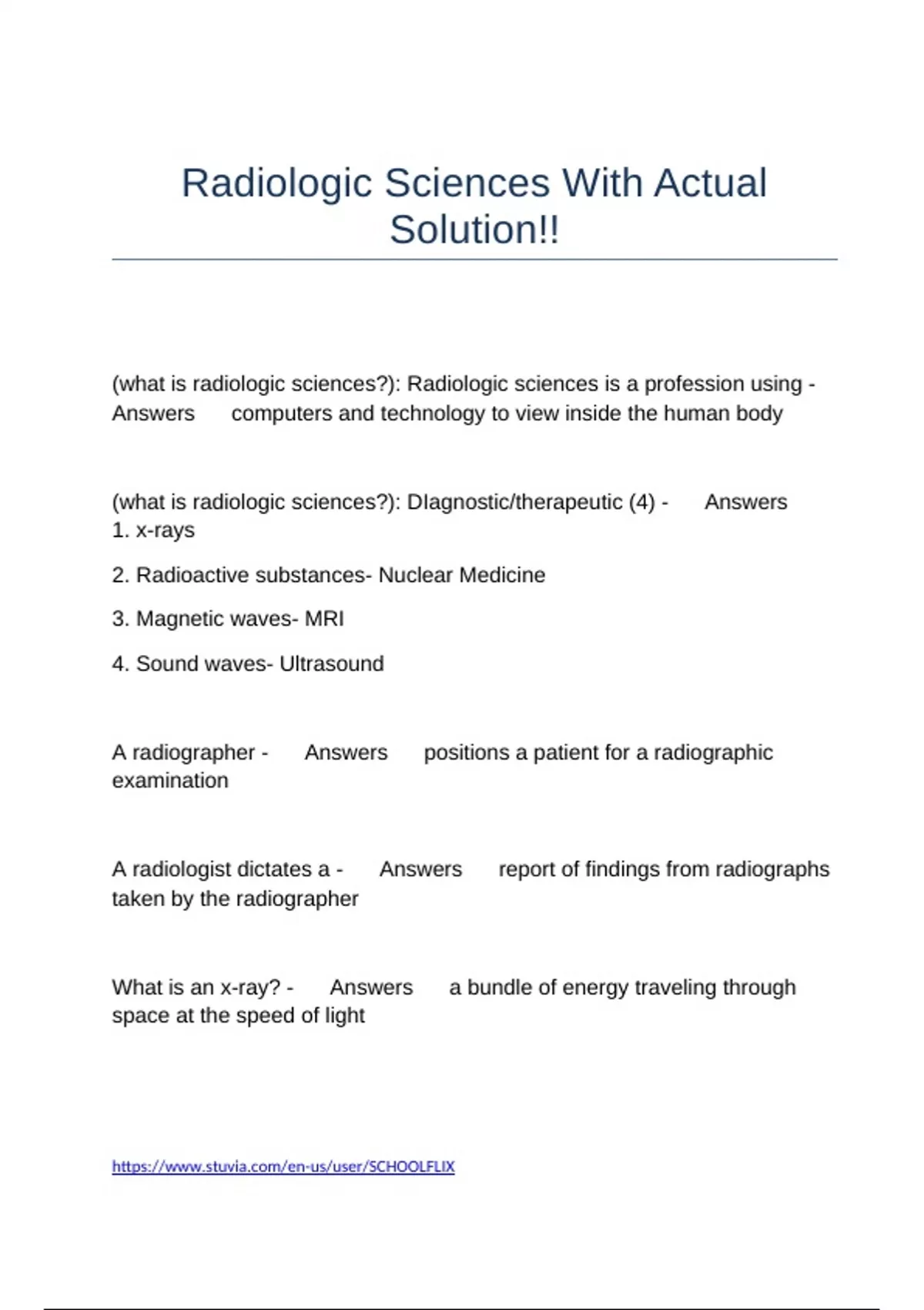 Radiologic Sciences With Actual Solution!! - Radiology sciences - Stuvia US