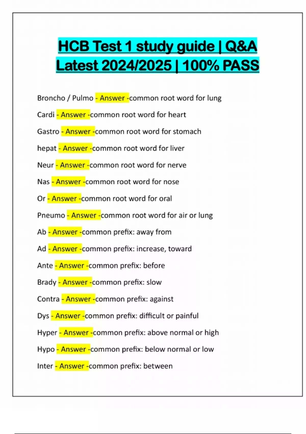HCB Test 1 study guide | Q&A Latest 2024/2025 | 100% PASS - Hcb - Stuvia US