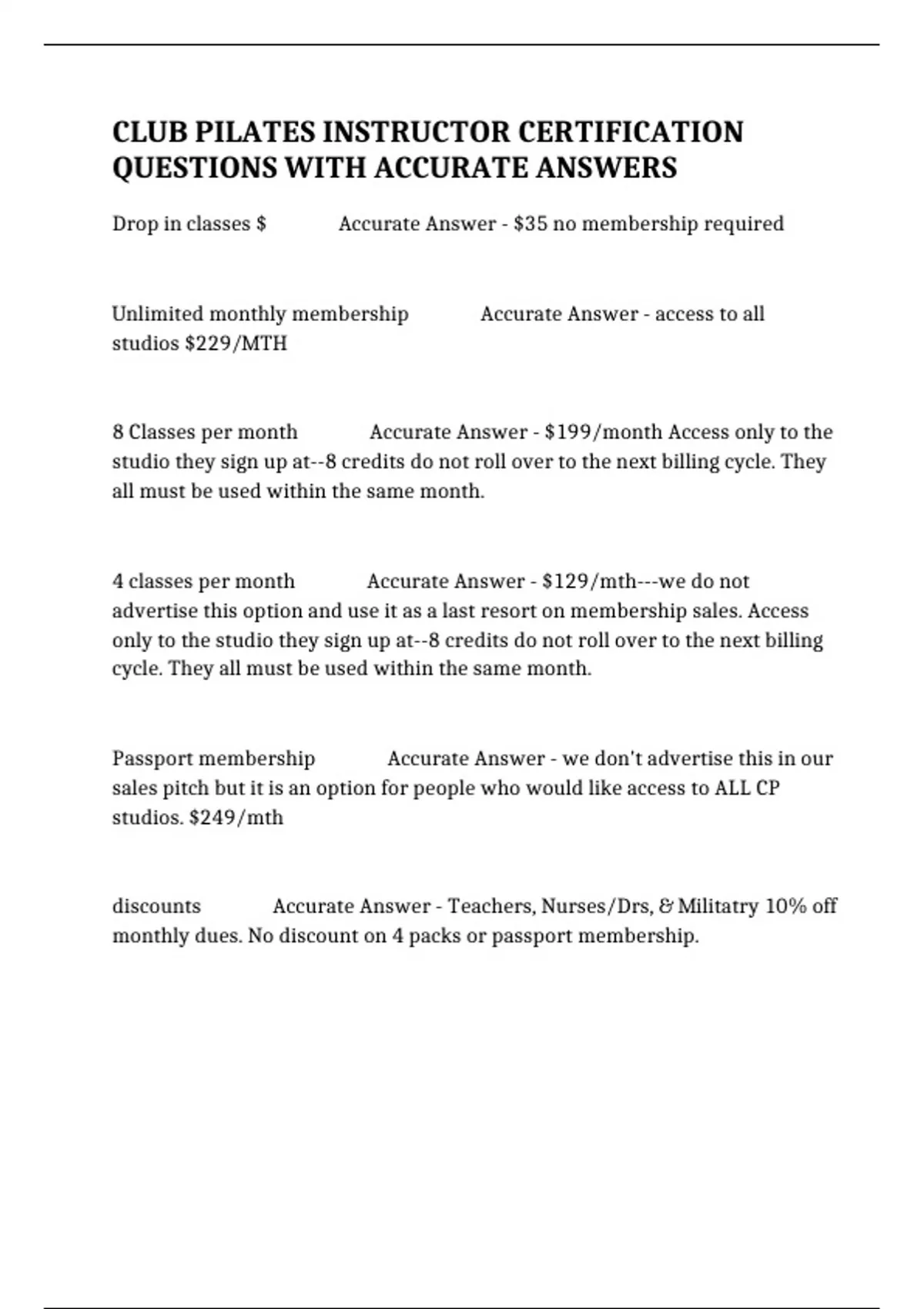 CLUB PILATES INSTRUCTOR CERTIFICATION QUESTIONS WITH ACCURATE ANSWERS ...