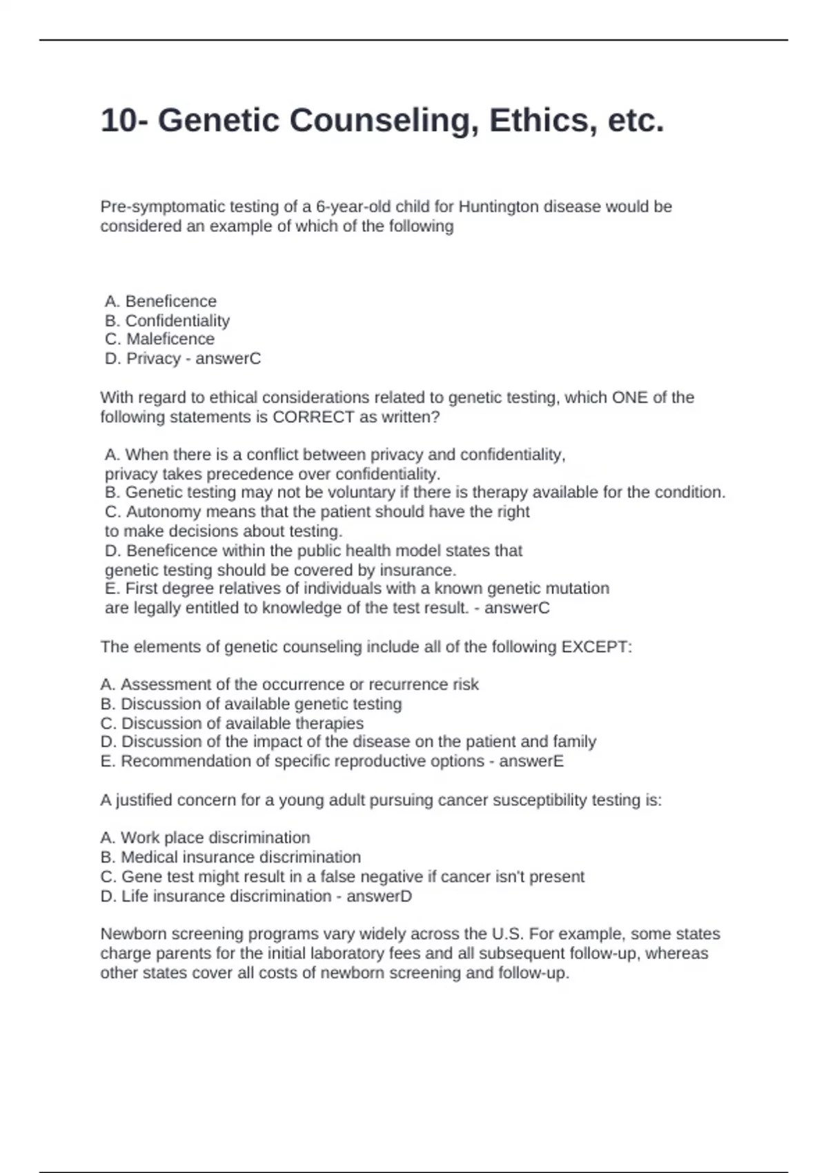 10- Genetic Counseling, Ethics, etc Questions with Correct Answers ...