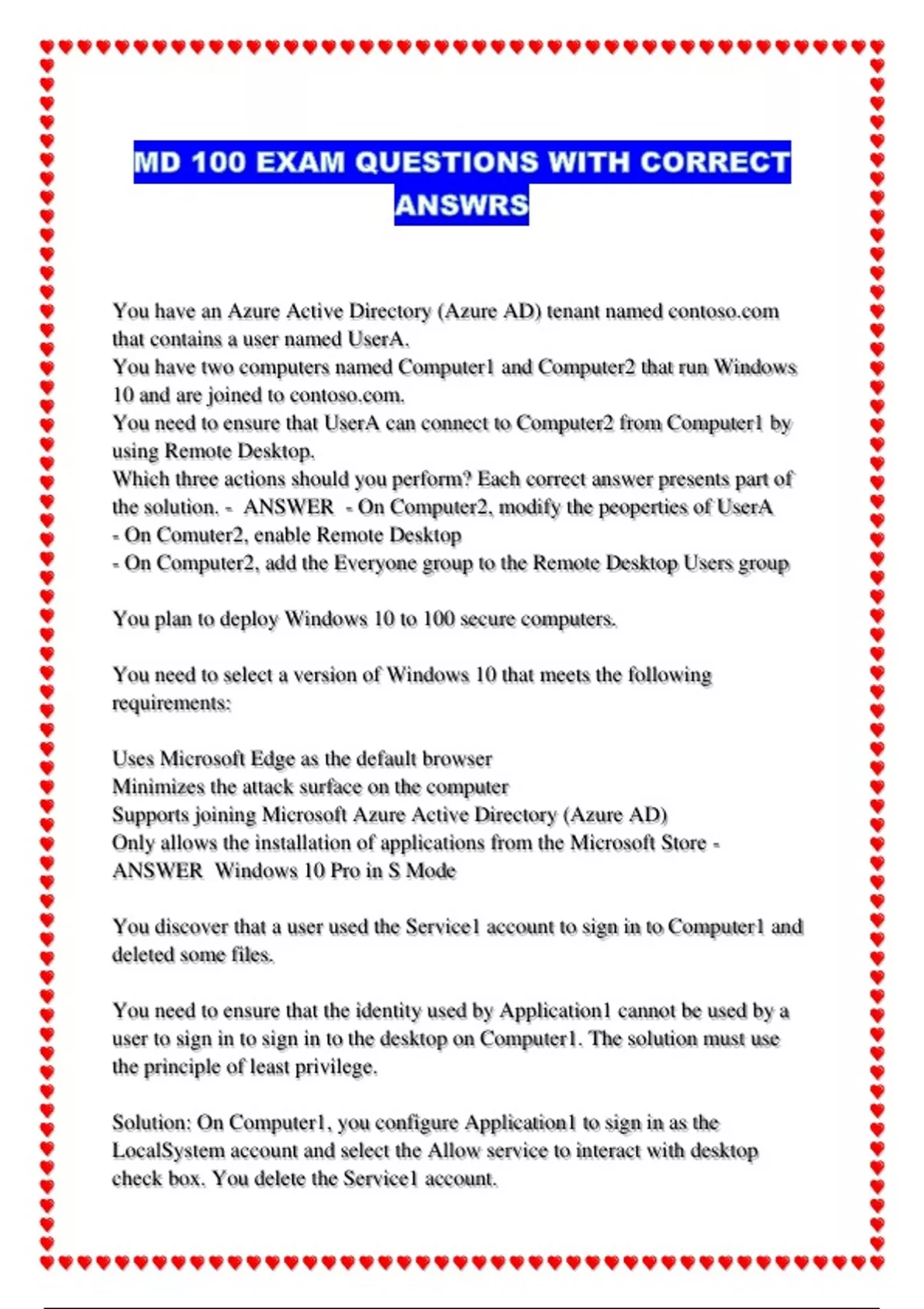 MD 100 EXAM QUESTIONS WITH CORRECT ANSWERS - MD 100 - Stuvia US