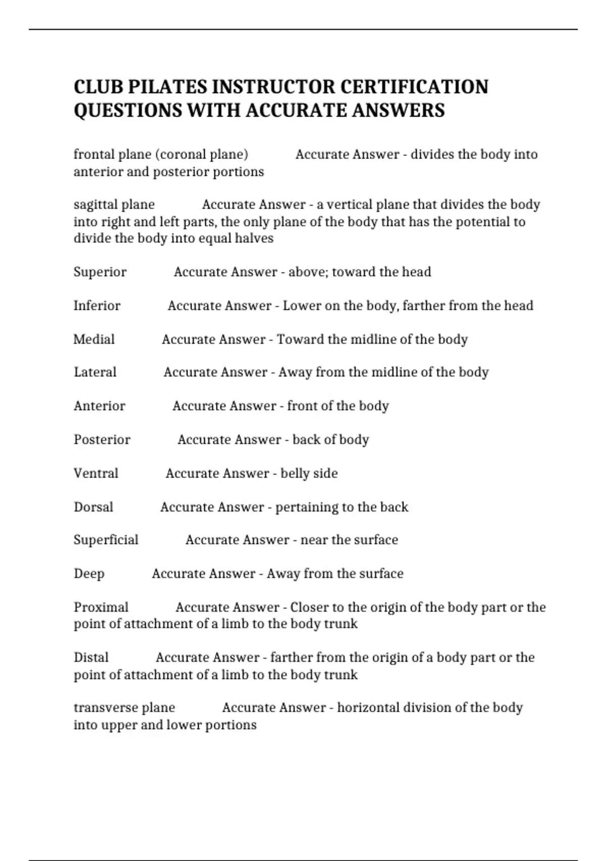 CLUB PILATES INSTRUCTOR CERTIFICATION QUESTIONS WITH ACCURATE ANSWERS ...