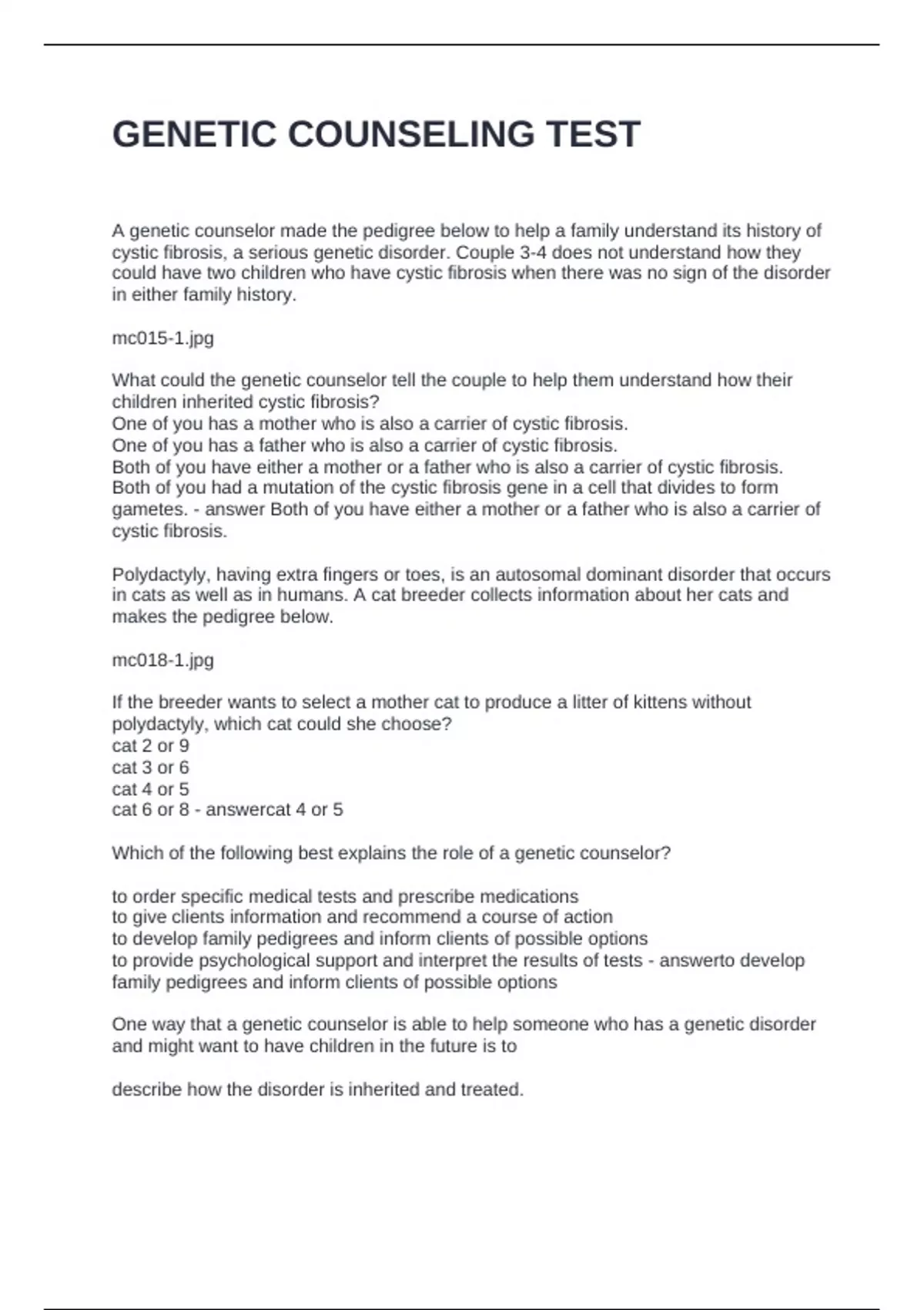 GENETIC COUNSELING TEST QUESTIONS AND ANSWERS - Genetic Counseling ...