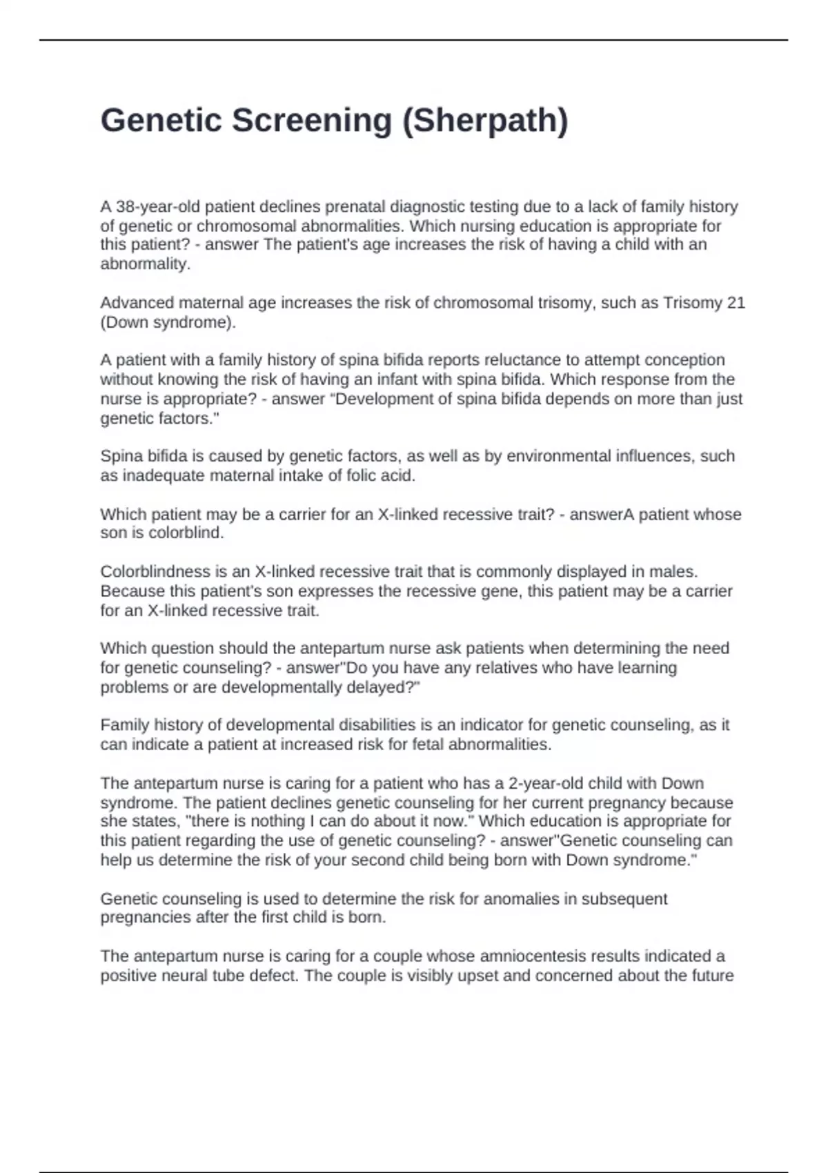 Genetic Screening (Sherpath) Questions and Answers 100% Correct ...