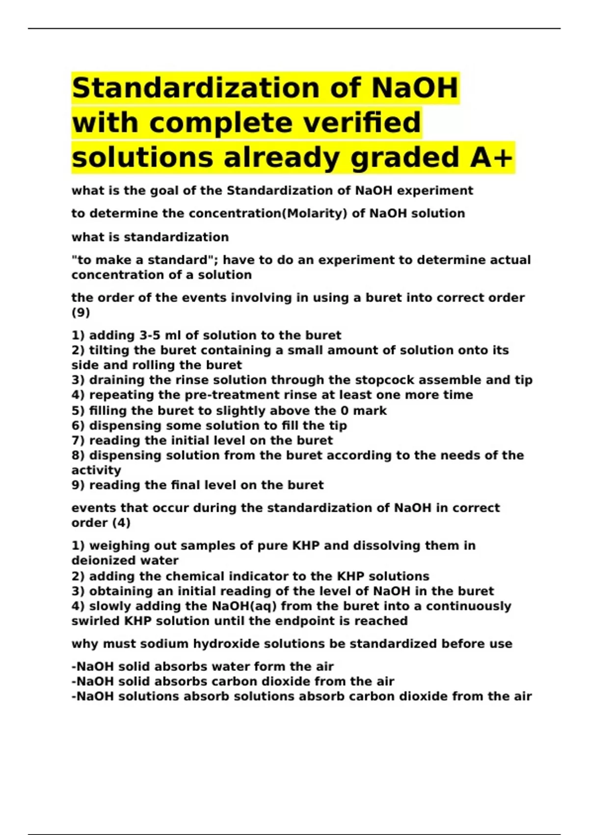 Standardization of NaOH with complete verified solutions already graded A+ - Analytical Chem ...
