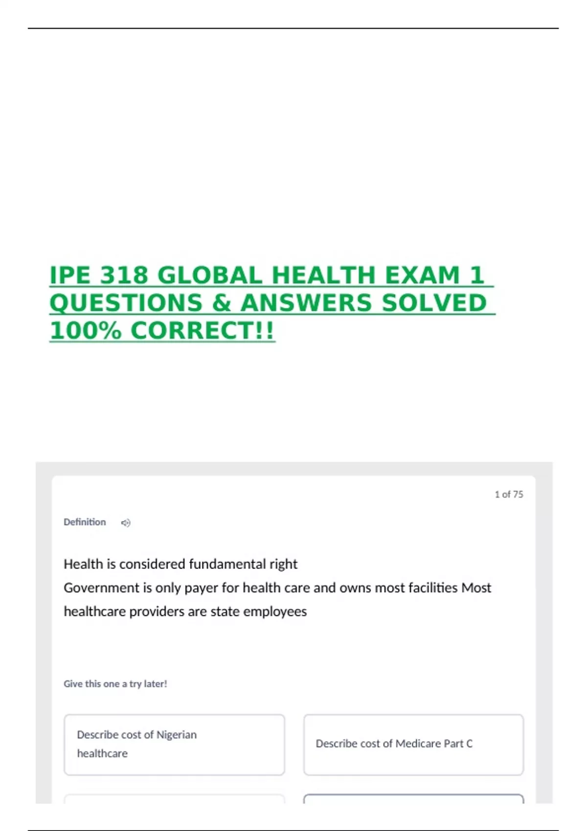 IPE 318 GLOBAL HEALTH EXAM 1 QUESTIONS & ANSWERS SOLVED 100% CORRECT ...