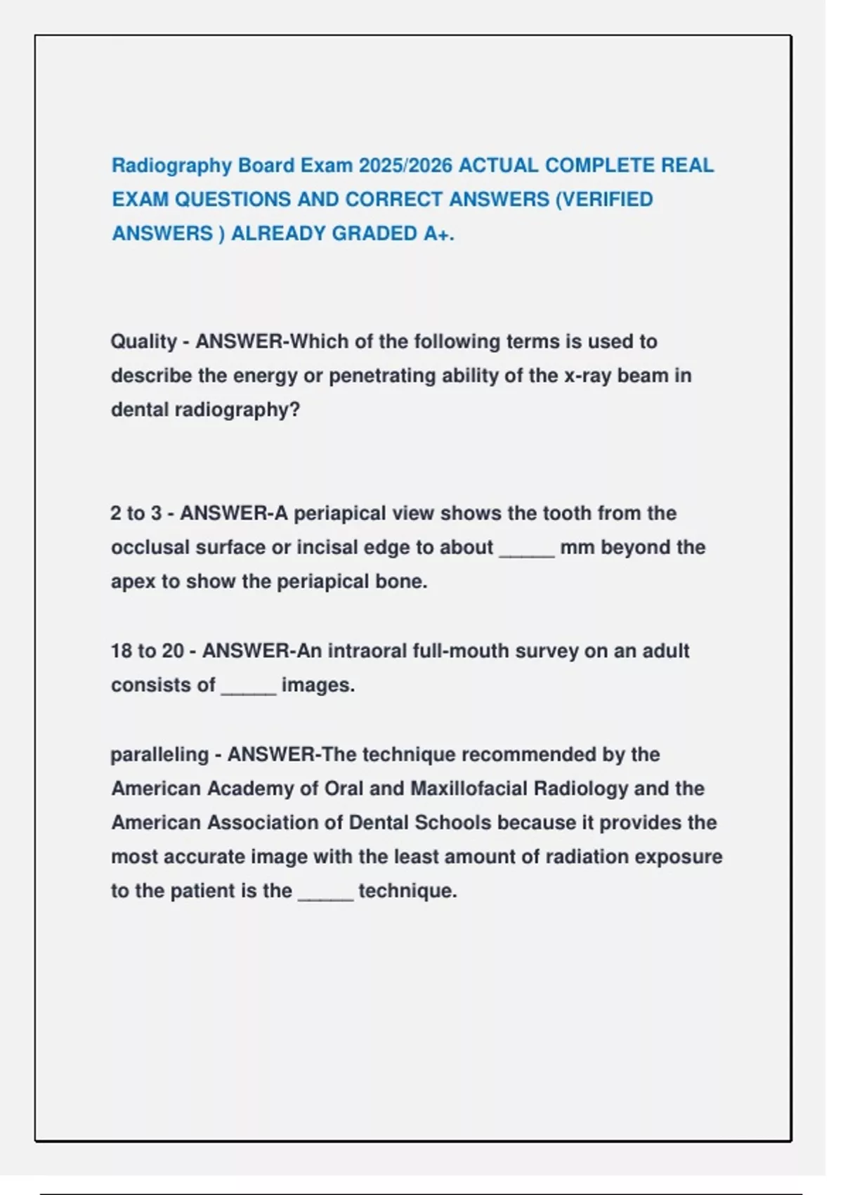 Radiography Board Exam 2025/2026 ACTUAL COMPLETE REAL EXAM QUESTIONS ...