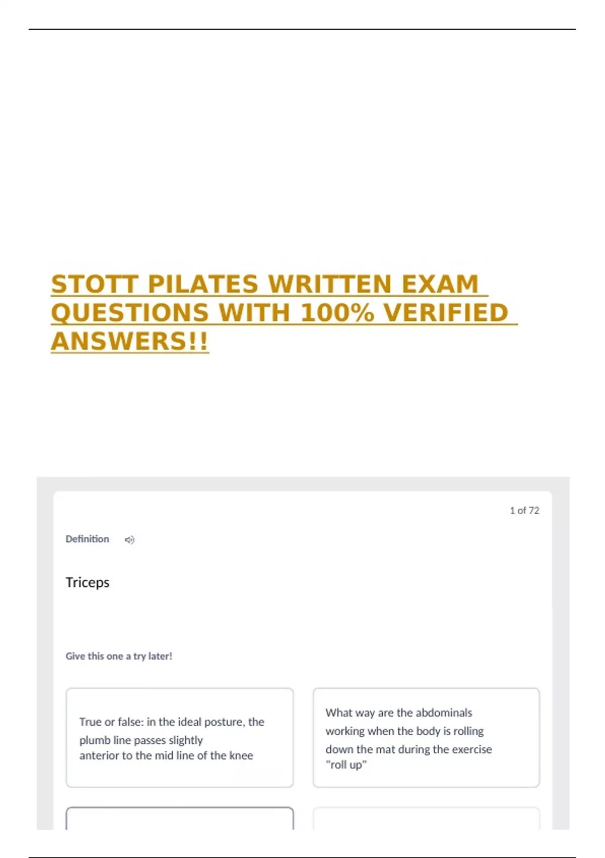 STOTT PILATES WRITTEN EXAM QUESTIONS WITH 100% VERIFIED ANSWERS ...