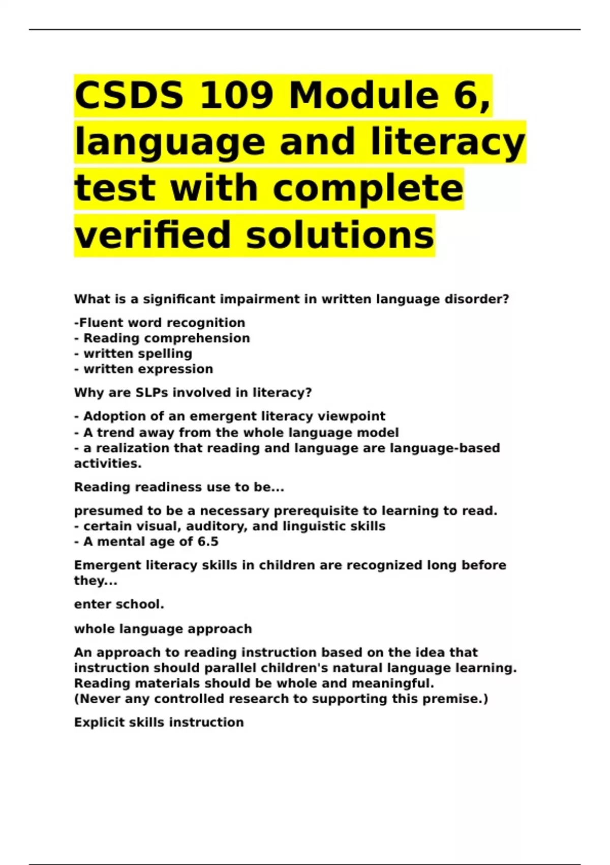 CSDS 109 Module 6, language and literacy test with complete verified ...
