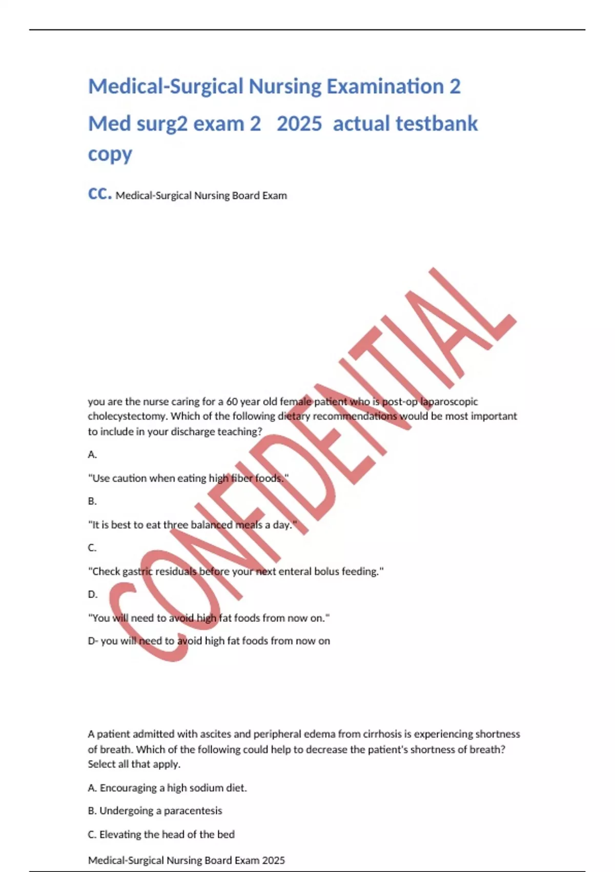 Medical-Surgical Nursing Examination 2 Med surg2 exam 2 2025 actual ...