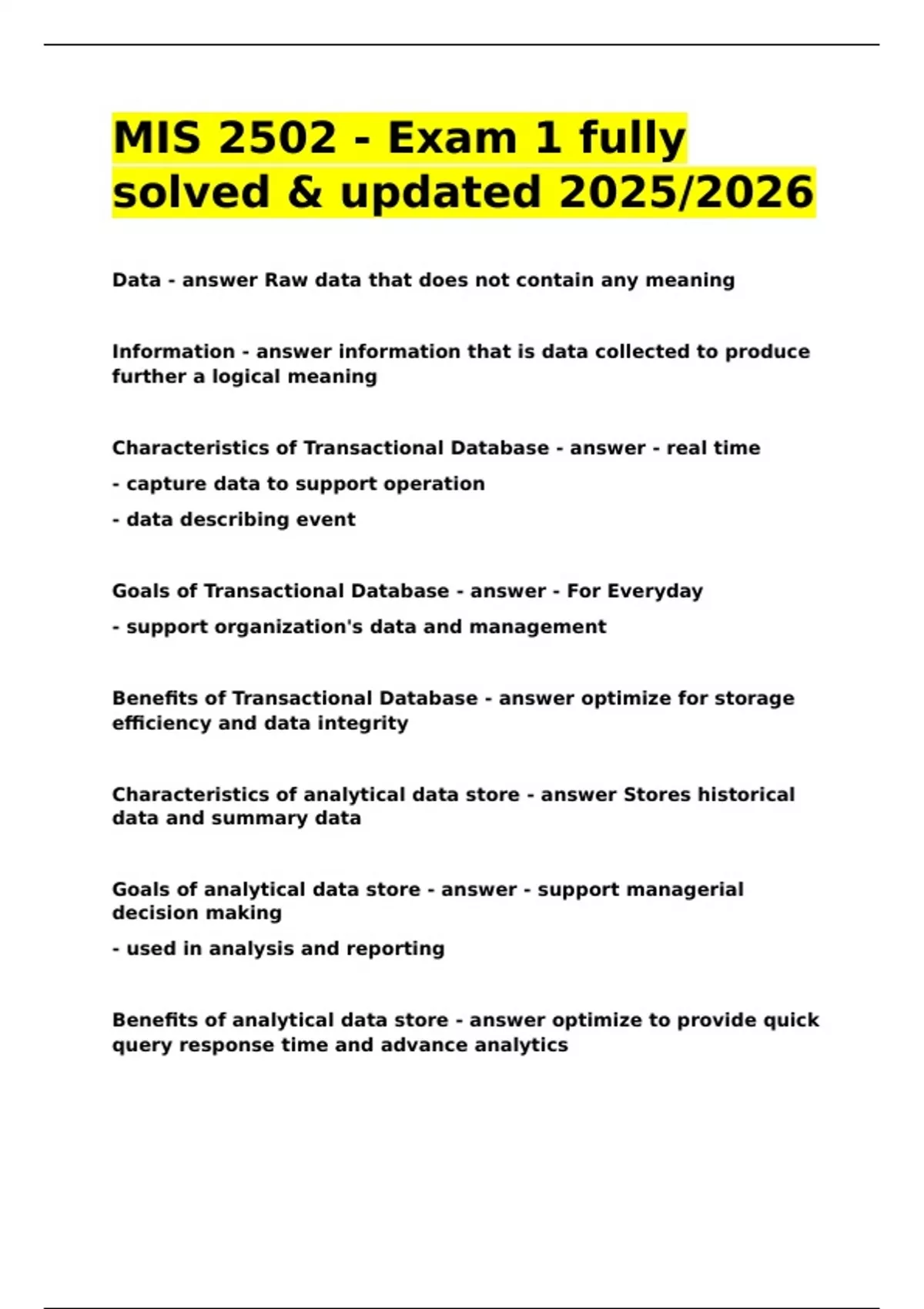 MIS 2502 - Exam 1 fully solved & updated - MIS 2502 - Stuvia US