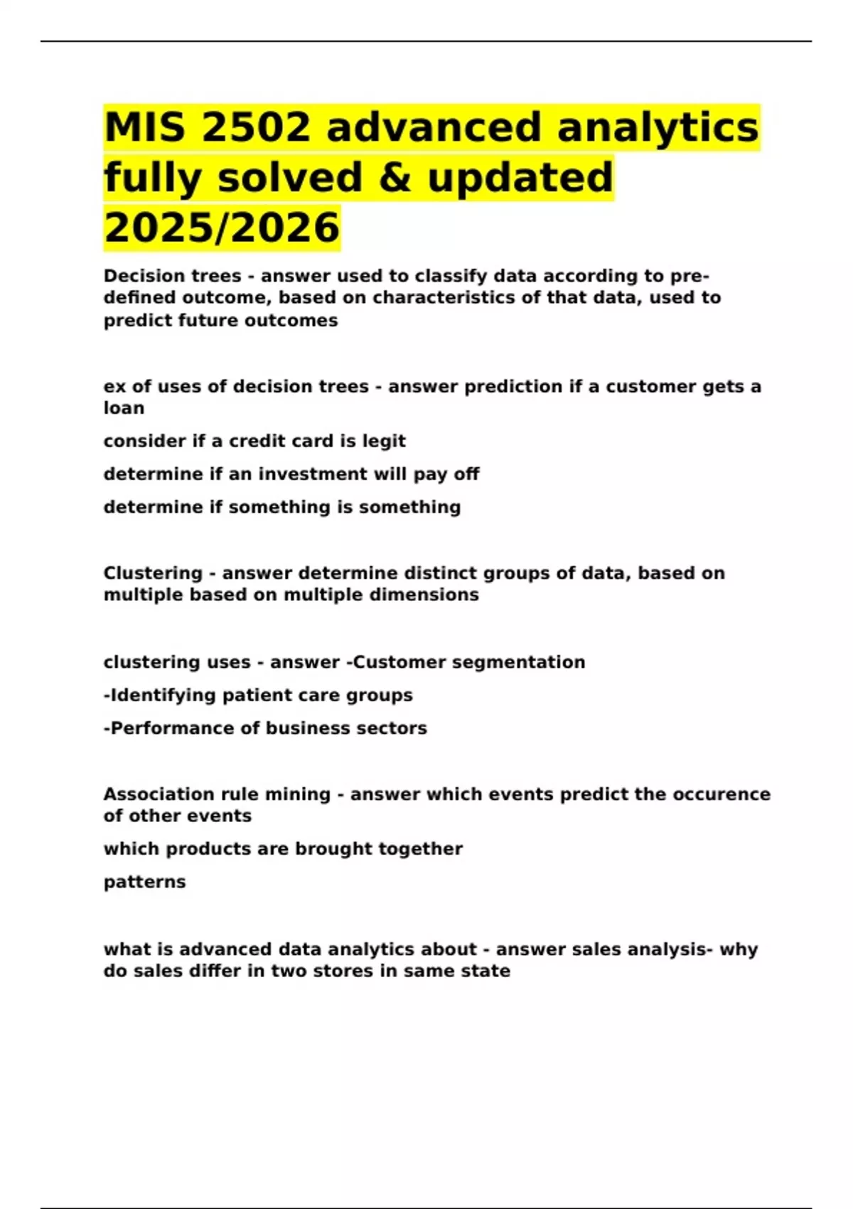 MIS 2502 advanced analytics fully solved & updated . - MIS 2502 - Stuvia US