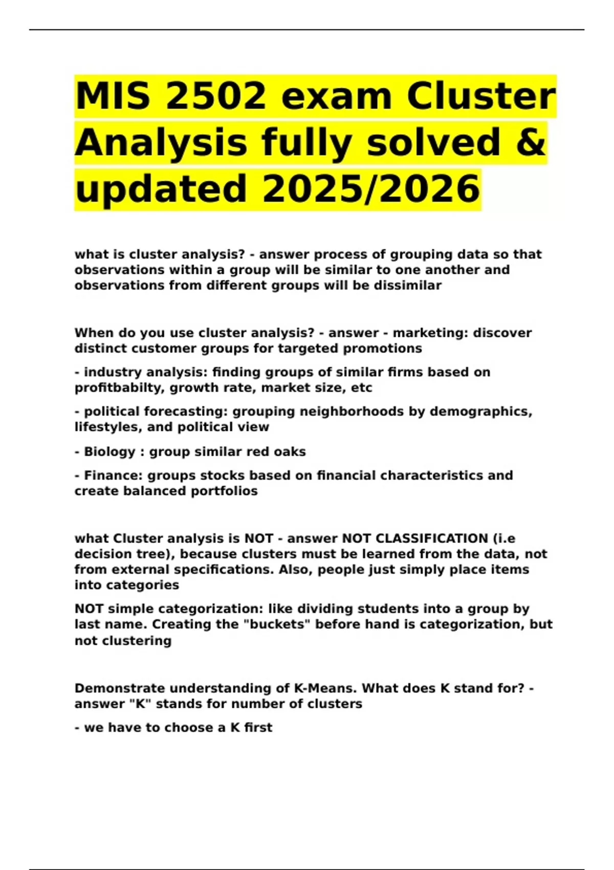 MIS 2502 exam Cluster Analysis fully solved & updated - MIS 2502 - Stuvia US
