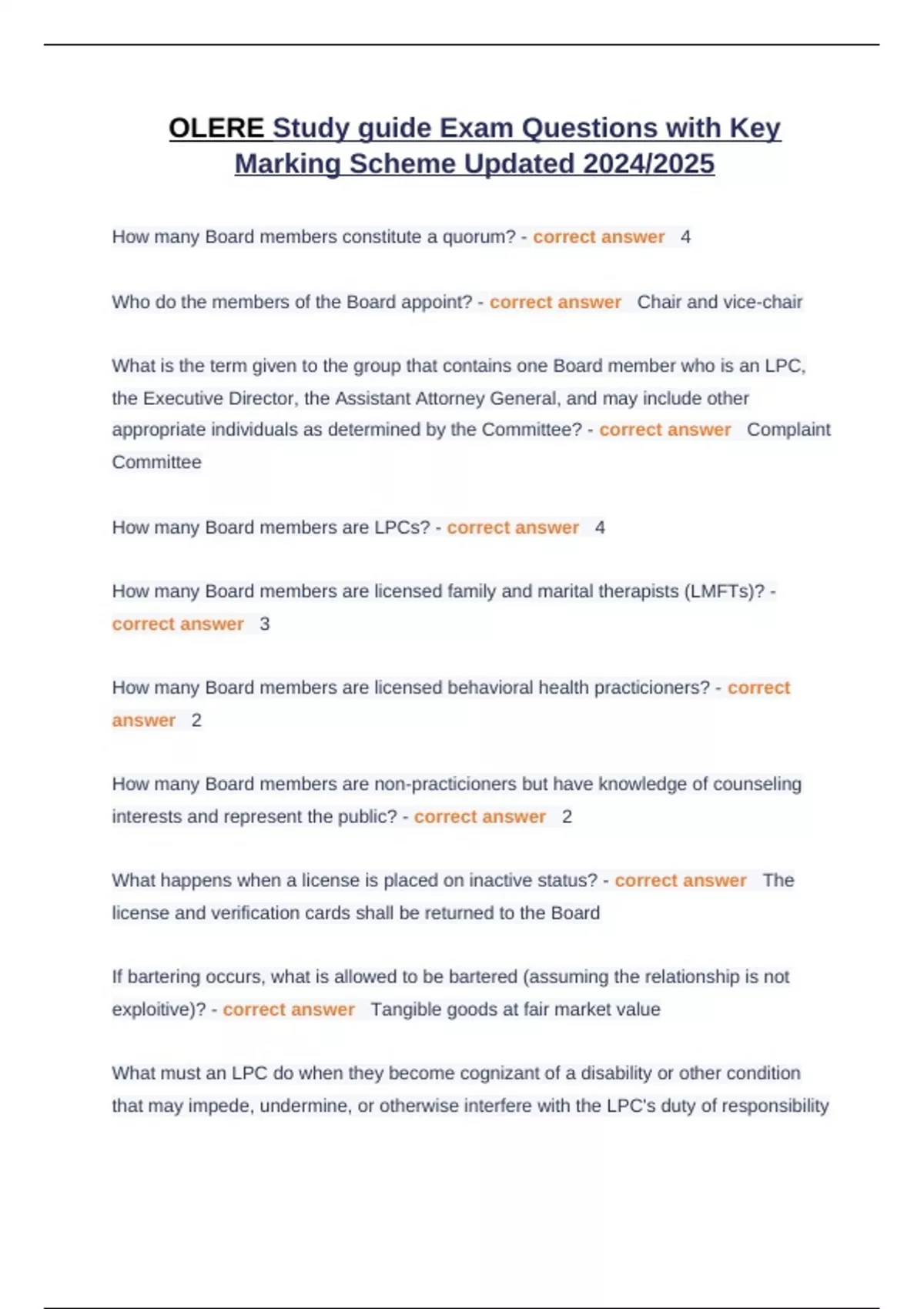 OLERE Study guide Exam Questions with Key Marking Scheme Updated 2024/ ...