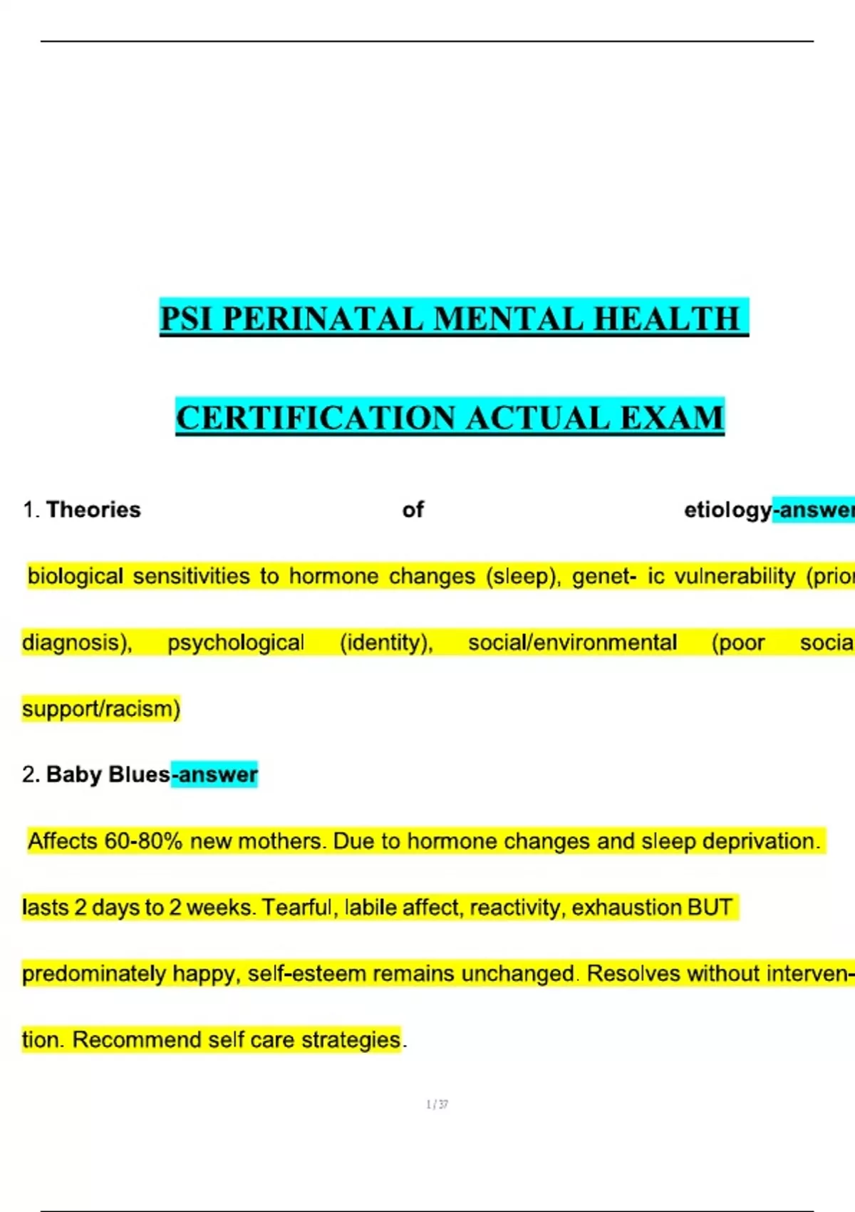 PSI Perinatal Mental Health Certification Exam Review Questions and ...
