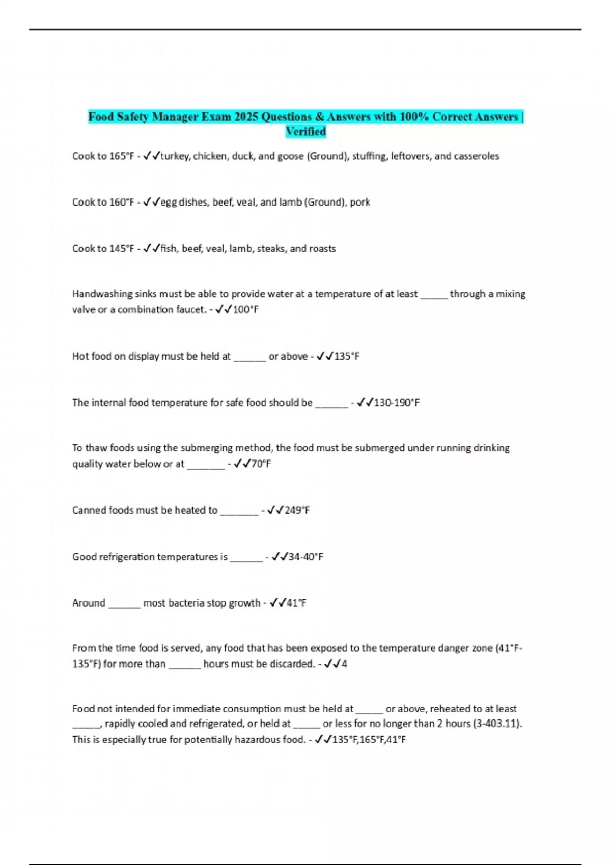 Food Safety Manager Exam 2025 Questions & Answers with 100% Correct ...