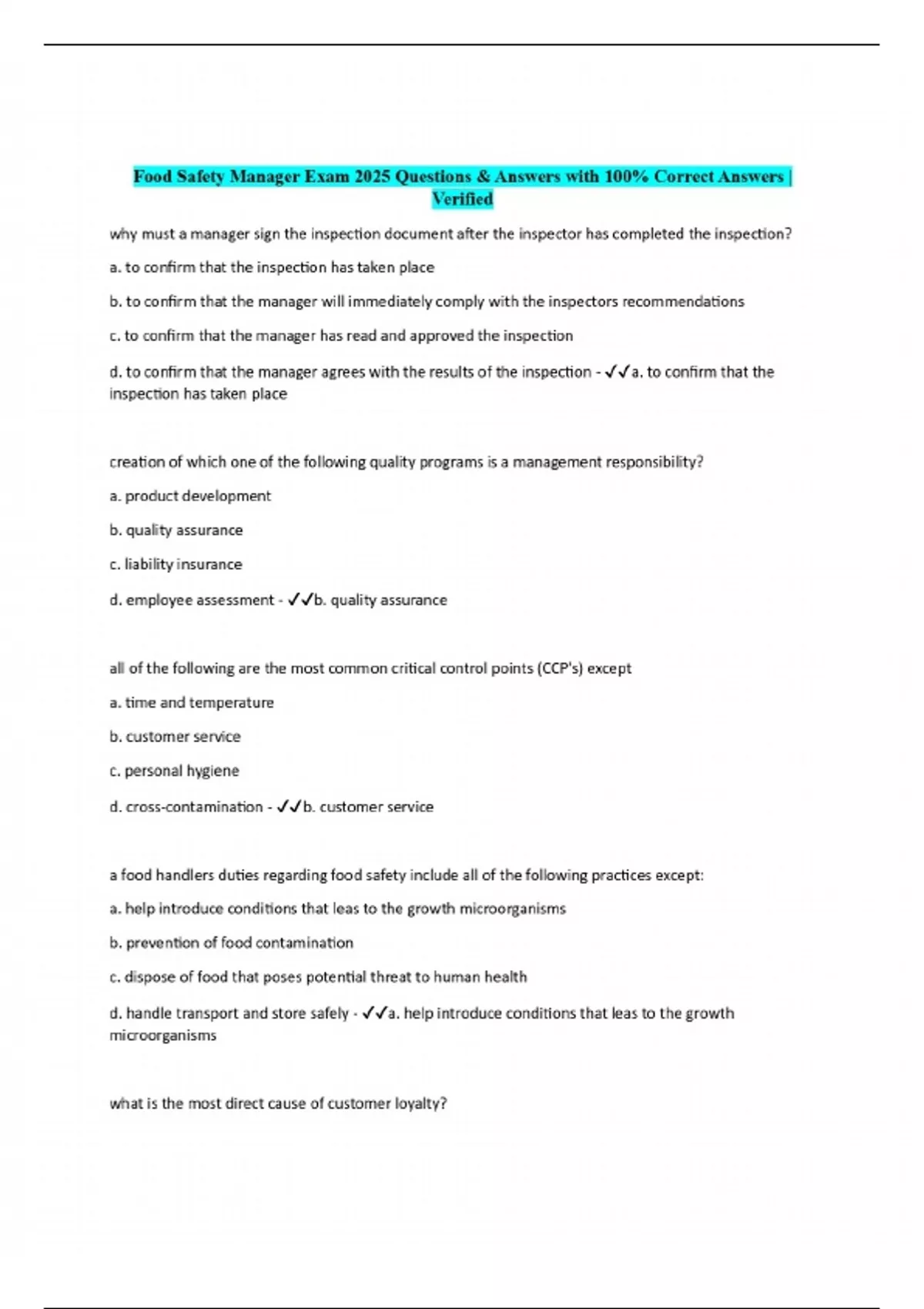 Food Safety Manager Exam 2025 Questions & Answers with 100% Correct ...