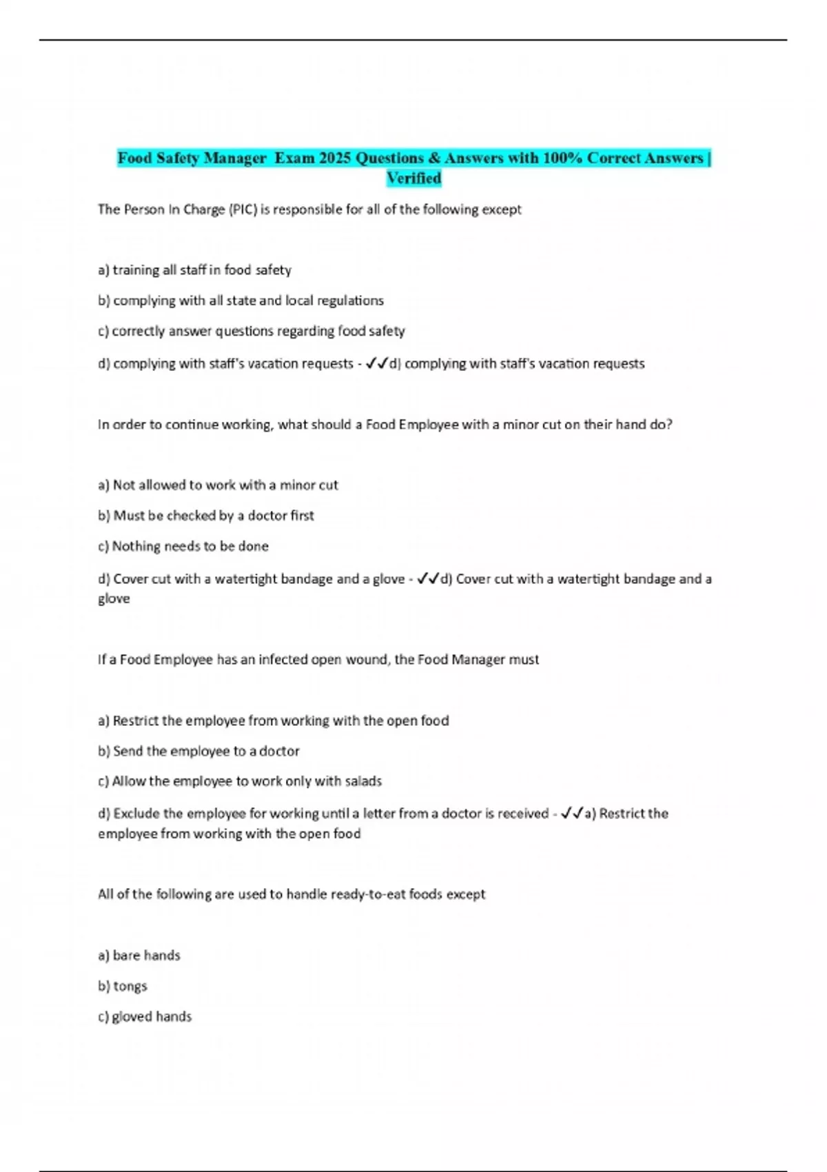 Food Safety Manager Exam 2025 Questions & Answers with 100% Correct ...