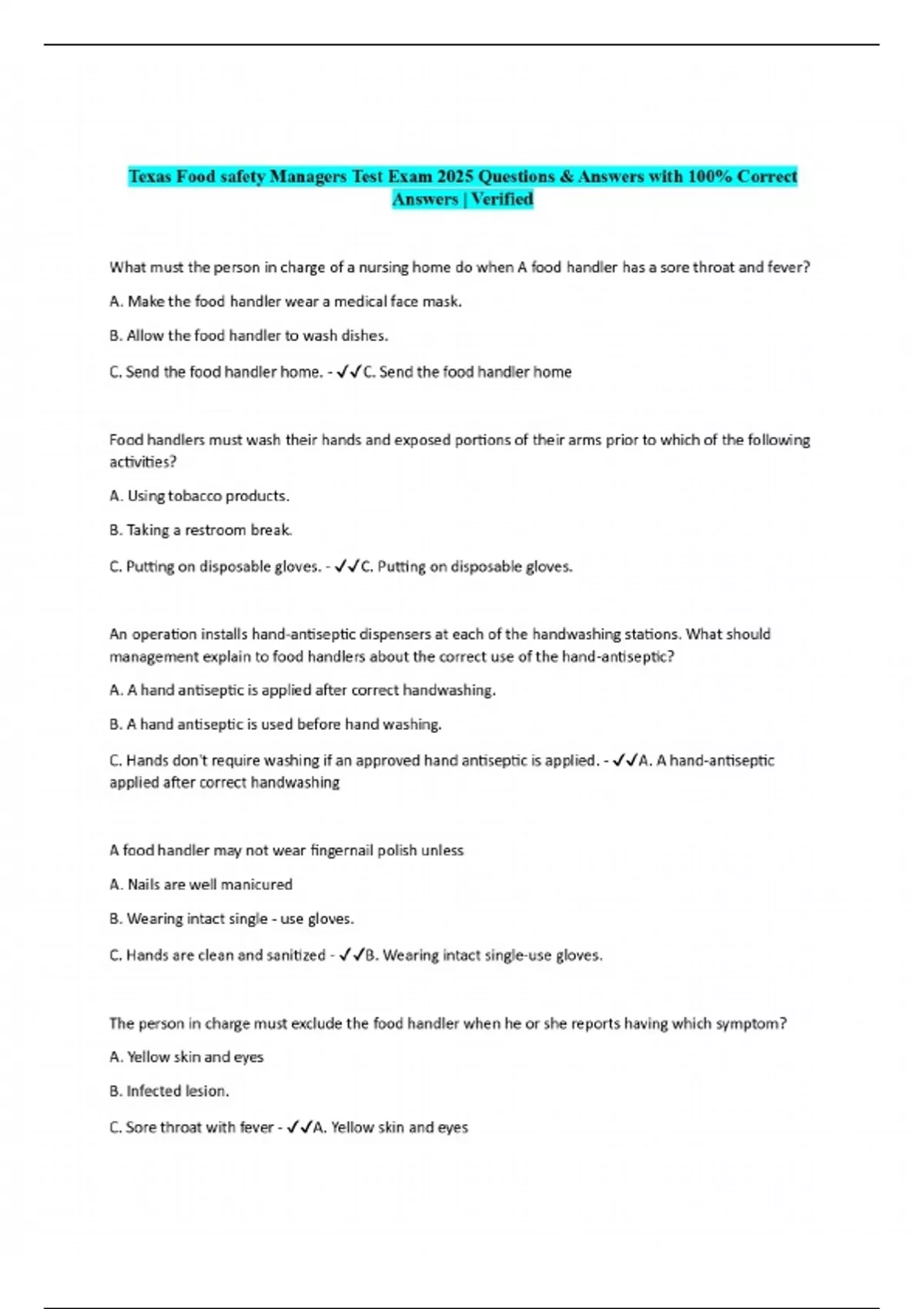 Texas Food safety Managers Test Exam 2025 Questions & Answers with 100% ...