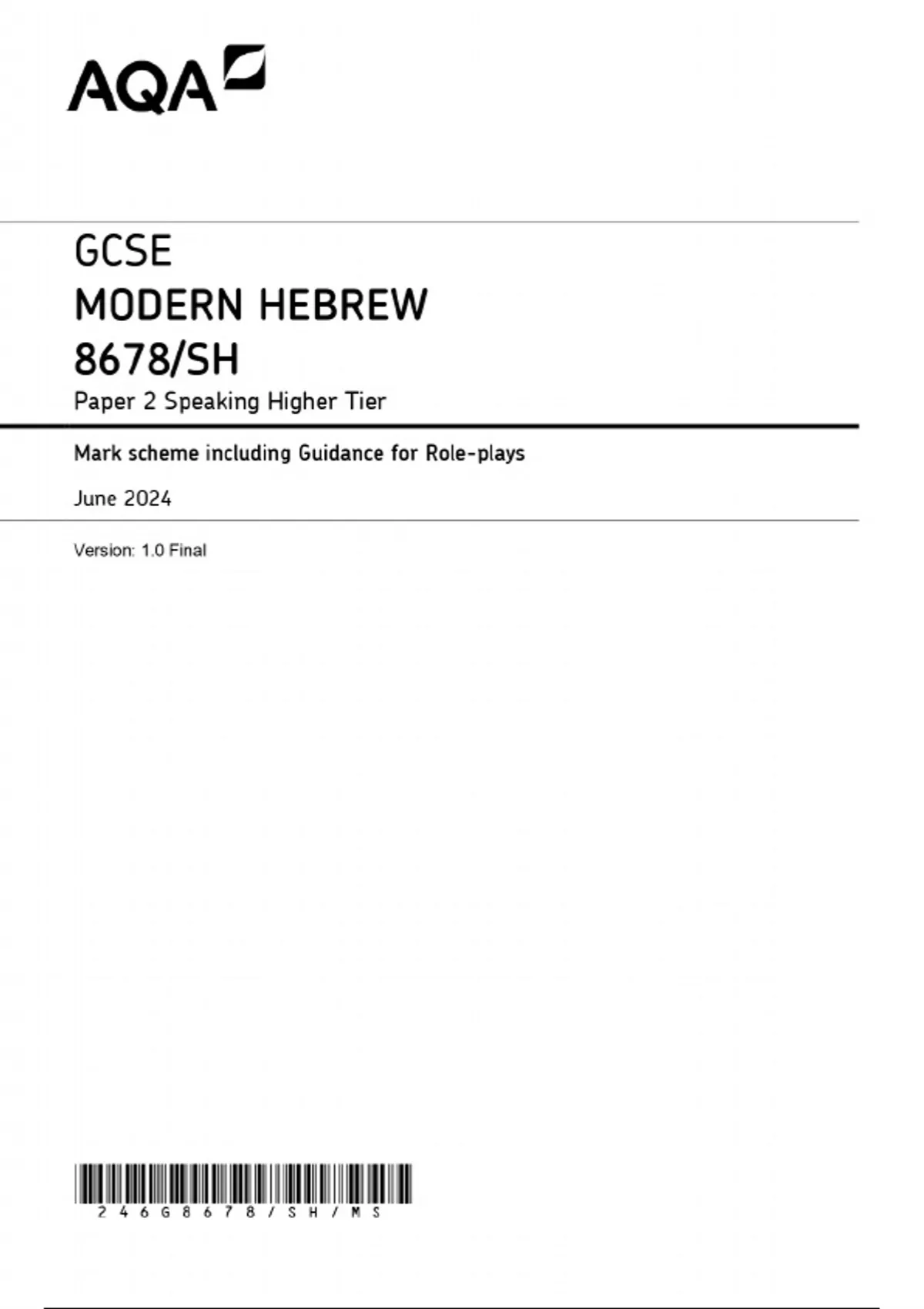 AQA GCSE MODERN HEBREW 8678/SH Paper 2 Speaking Higher Tier Mark scheme ...