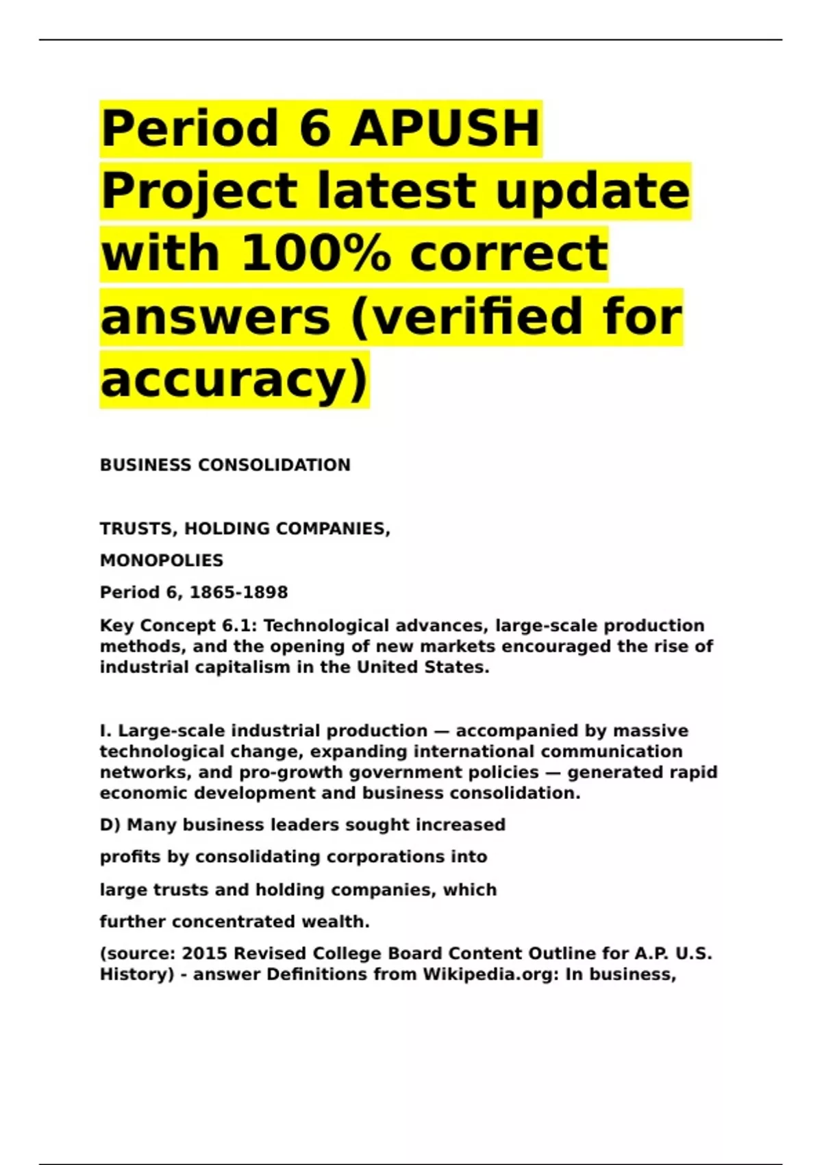 Period 6 APUSH Project latest update with 100- correct answers ...