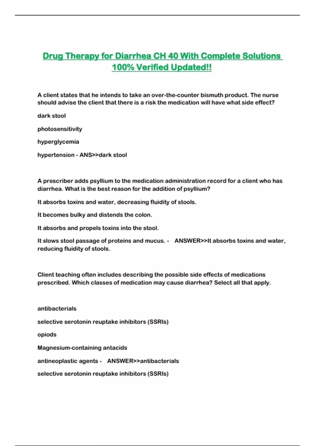 Drug Therapy for Diarrhea CH 40 With Complete Solutions 100% Verified ...