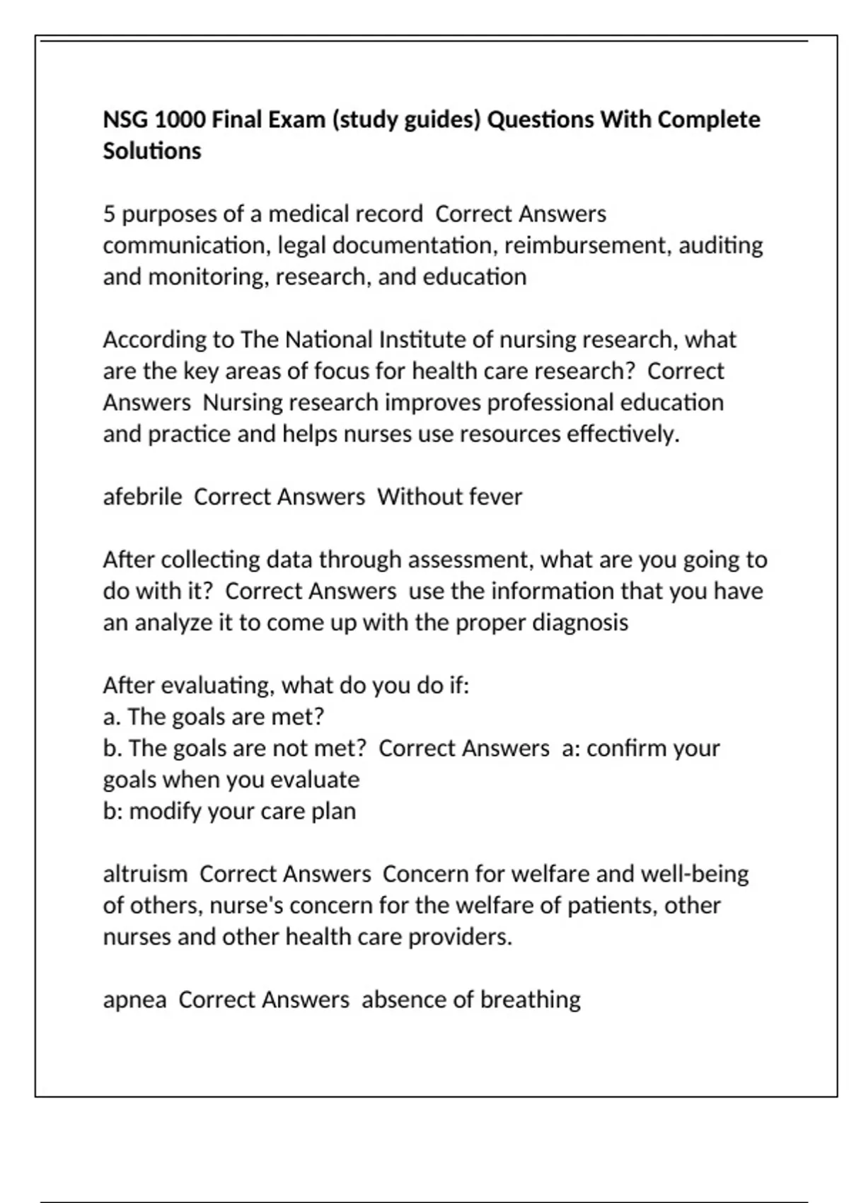 NSG 1000 Final Exam (study guides) Questions With Complete Solutions - NSG 1000 - Stuvia US