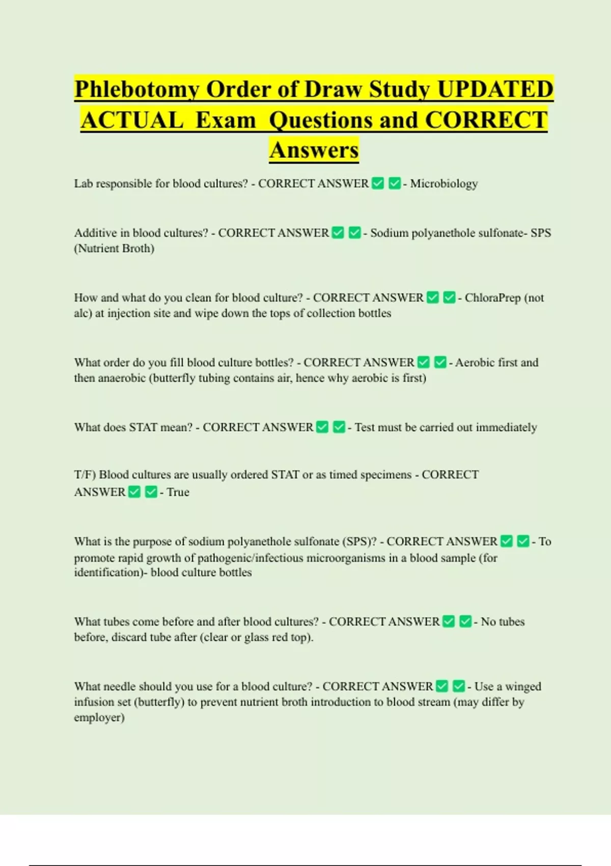 Phlebotomy Order of Draw Study UPDATED ACTUAL Exam Questions and ...