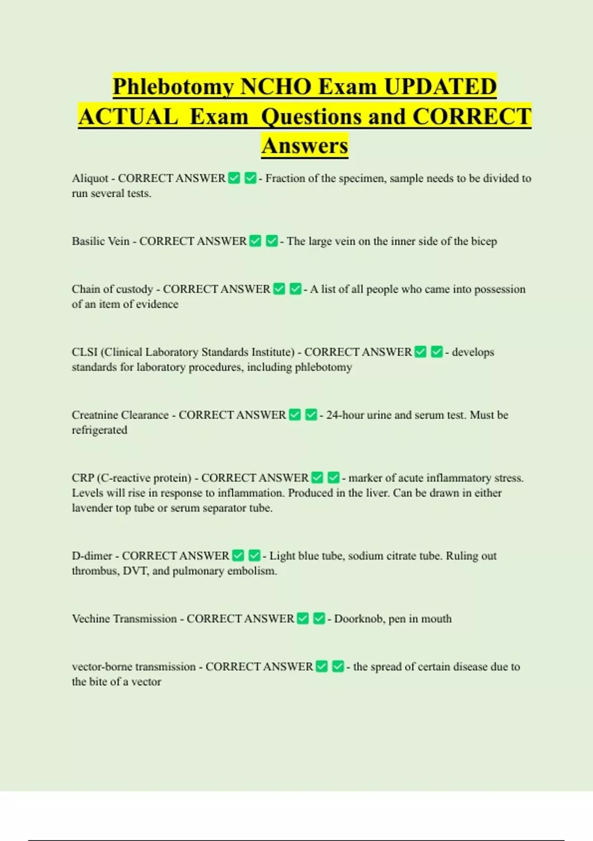 Phlebotomy NCHO Exam UPDATED ACTUAL Exam Questions and CORRECT Answers ...