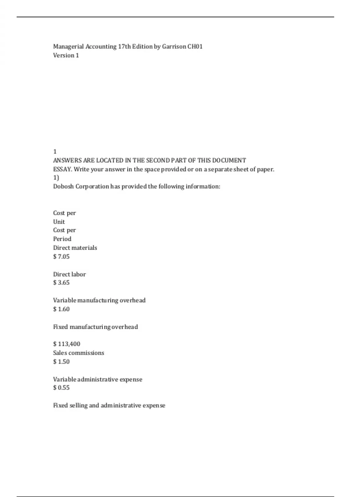 Managerial Accounting 17th Edition by Garrison - TESTS BANK - Stuvia US