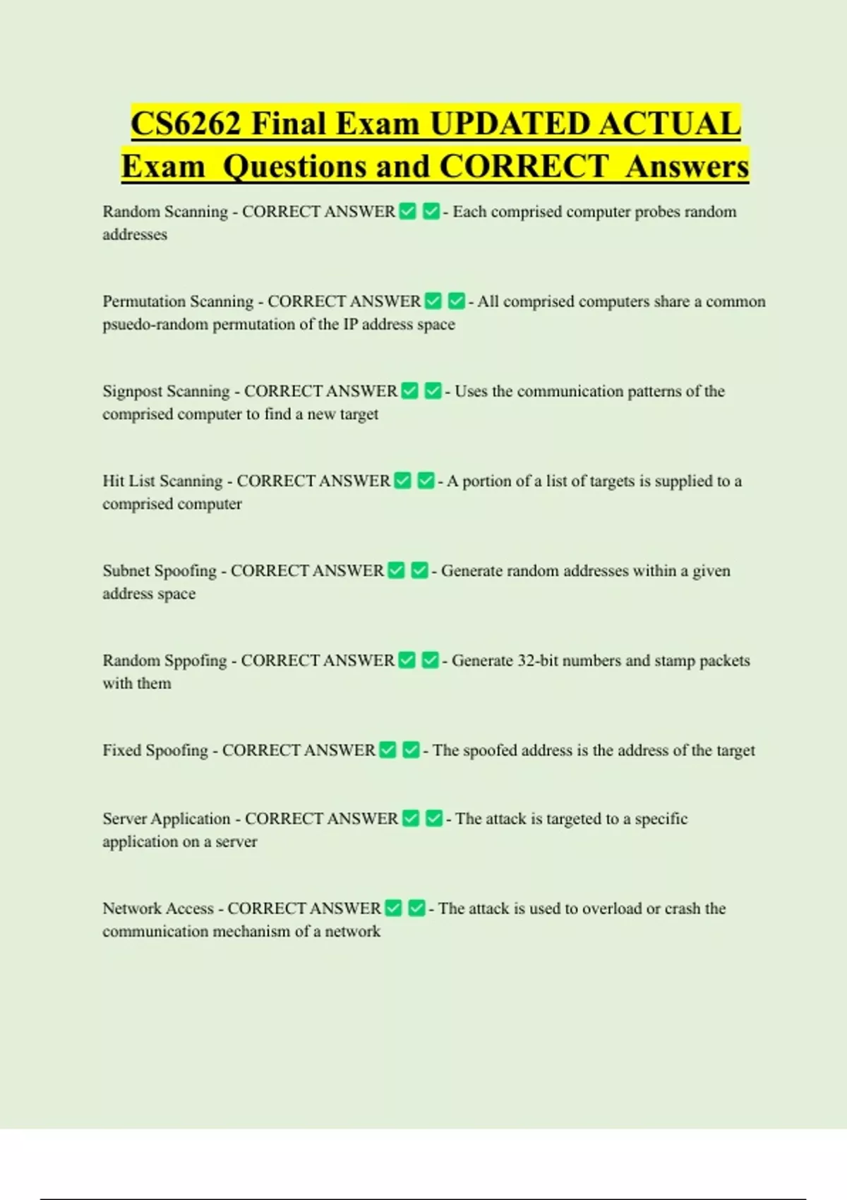 CS6262 Final Exam UPDATED ACTUAL Exam Questions and CORRECT Answers - CS6262 - Stuvia US