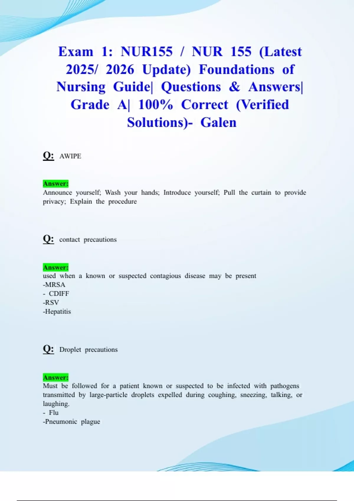 Exam 1: NUR155 / NUR 155 (Latest 2025/ 2026 Update) Foundations of ...