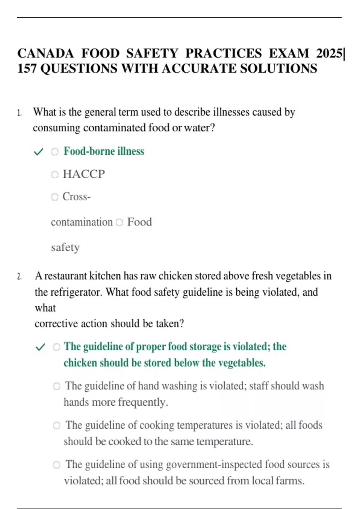 CANADA FOOD SAFETY PRACTICES EXAM 2025| 157 QUESTIONS WITH ACCURATE ...