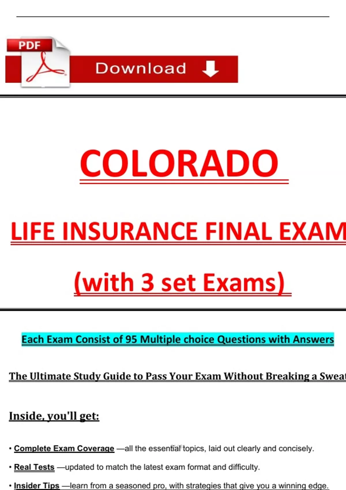 Colorado Life Insurance License Final Exam (with 3 set Exams) Qs & Ans ...