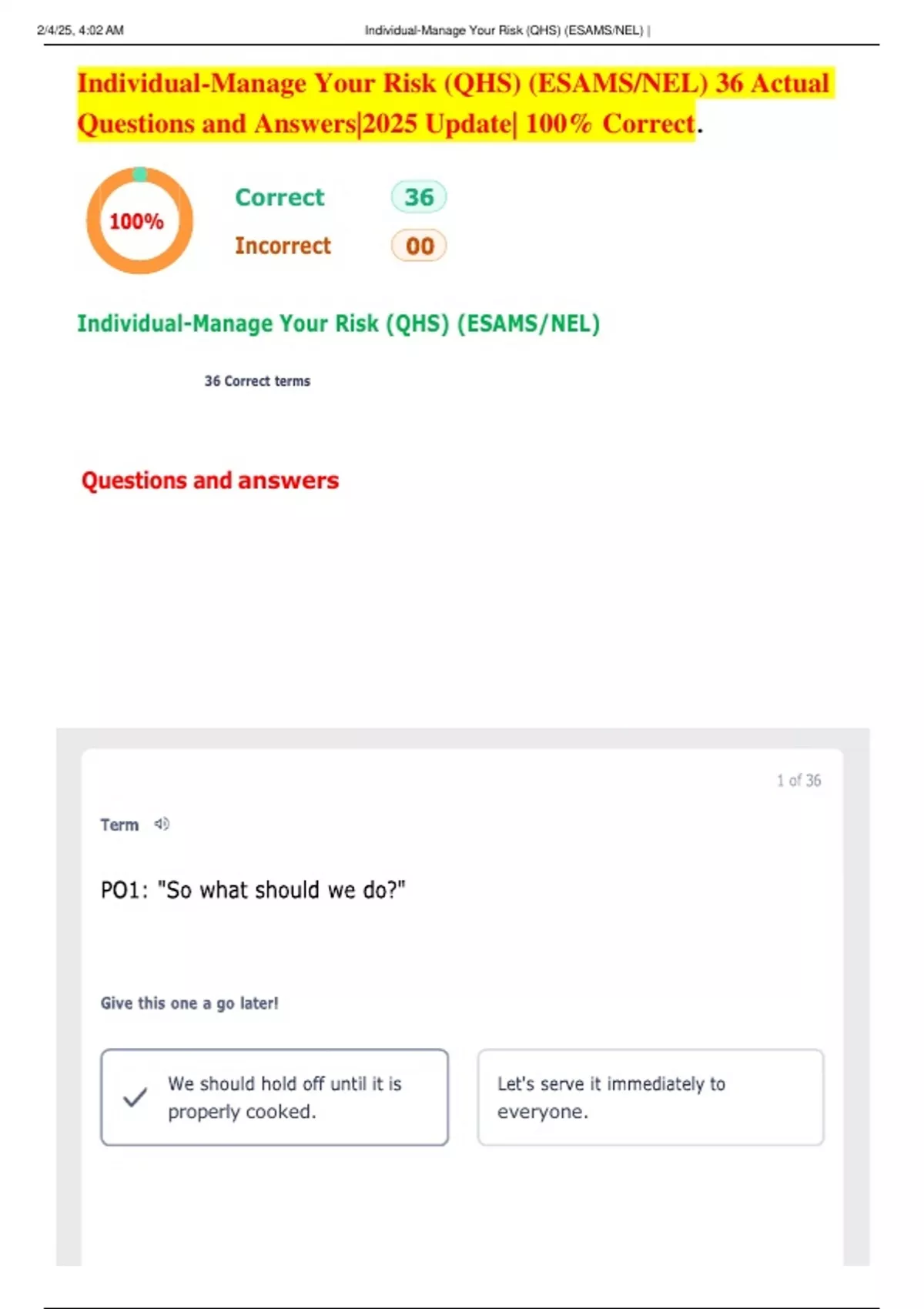 Individual-Manage Your Risk (QHS) (ESAMS/NEL) 36 Actual Questions and ...