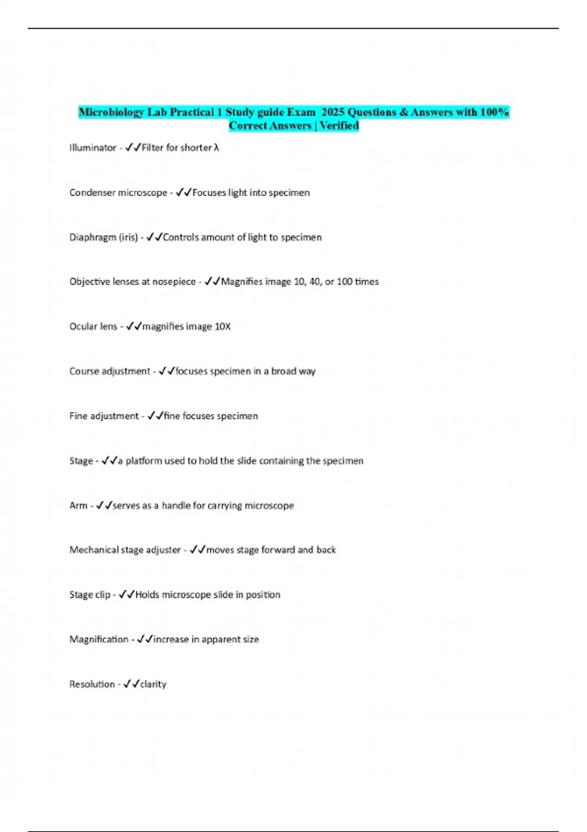 Microbiology Lab Practical 1 Study guide Exam 2025 Questions & Answers ...