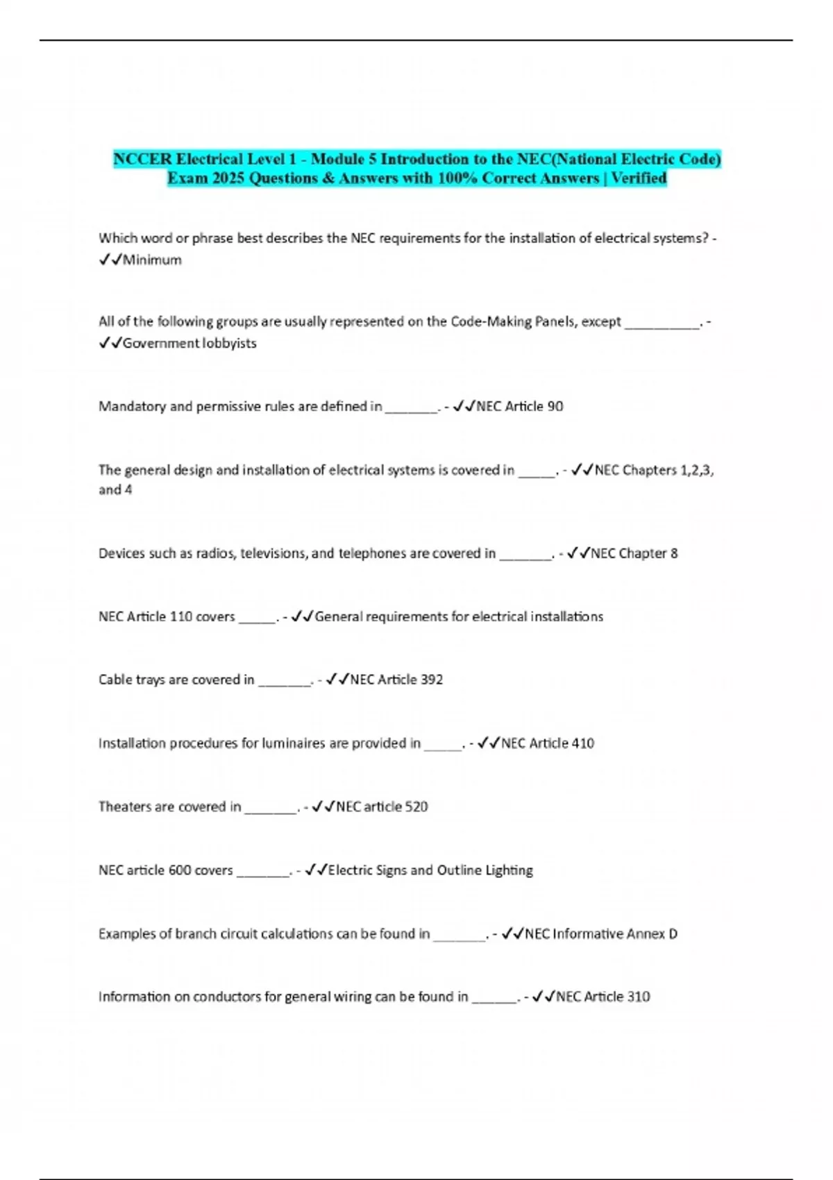 NCCER Electrical Level 1 - Module 5 Introduction to the NEC(National Electric Code) Exam 2025 ...
