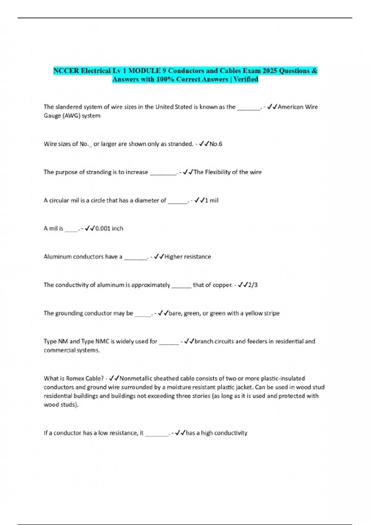 NCCER Electrical Lv 1 MODULE 9 Conductors and Cables Exam 2025 ...