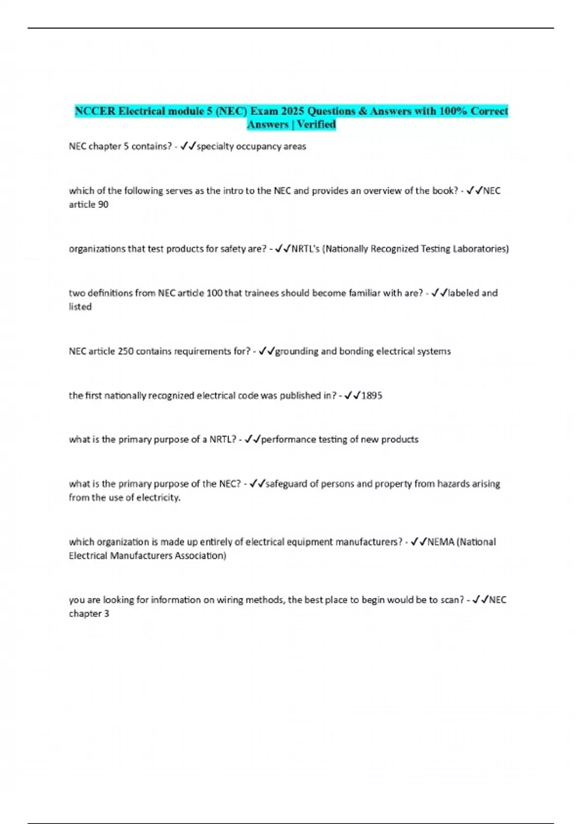 NCCER Electrical module 5 (NEC) Exam 2025 Questions & Answers with 100% Correct Answers ...