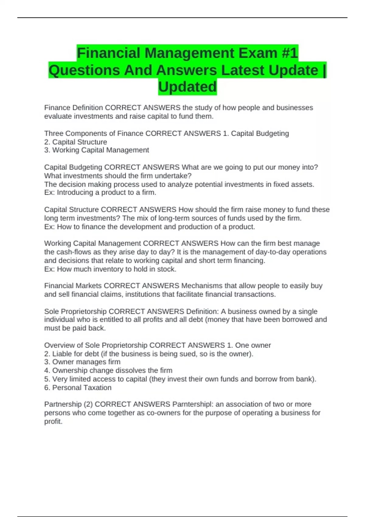 Financial Management Exam #1 Questions And Answers Latest Update ...