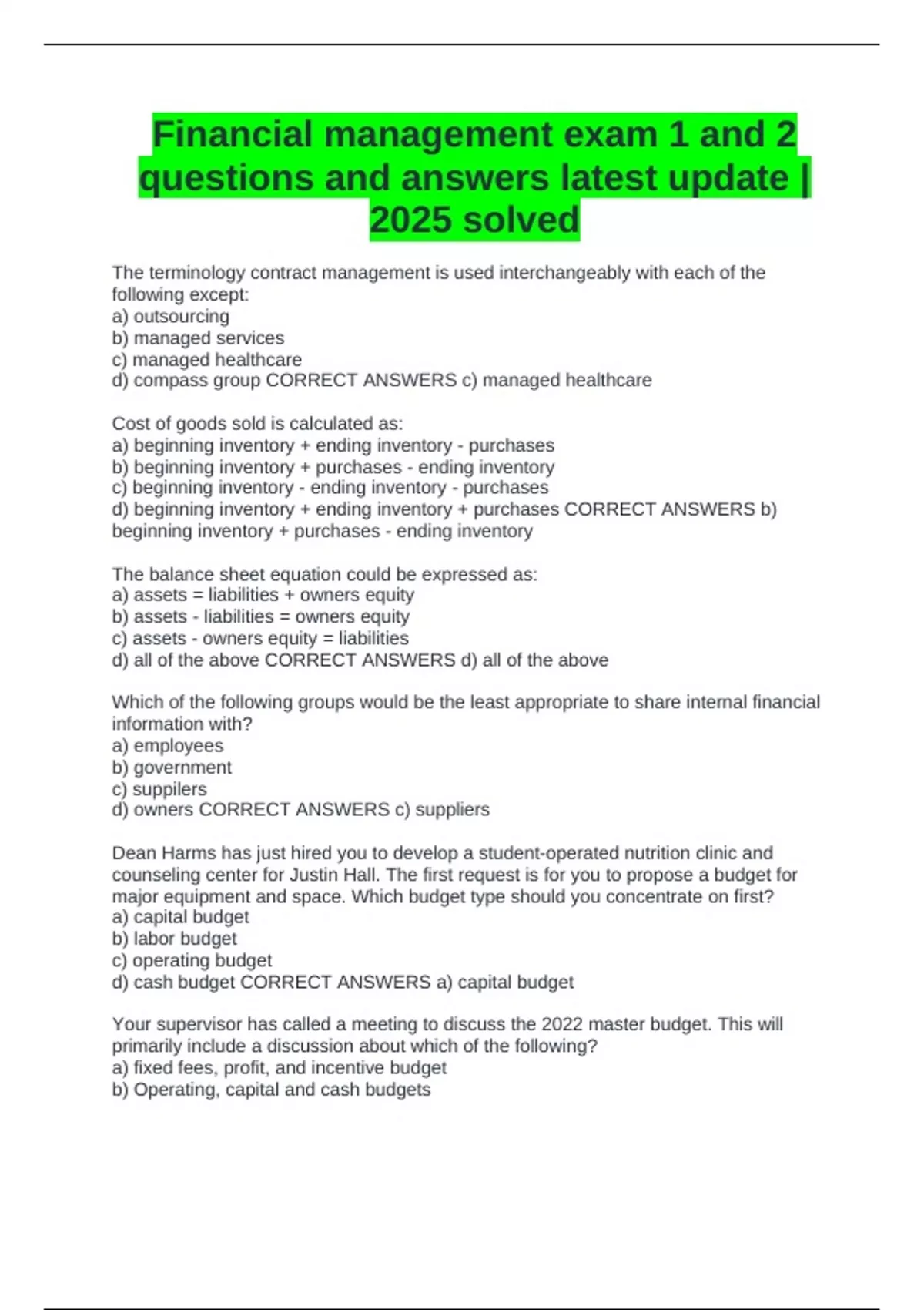 Financial management exam 1 and 2 questions and answers latest update ...