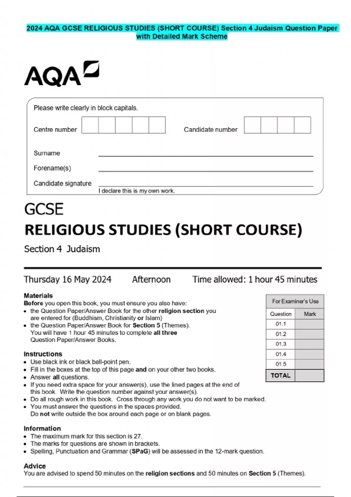 2024 AQA GCSE RELIGIOUS STUDIES (SHORT COURSE) Question Paper with ...