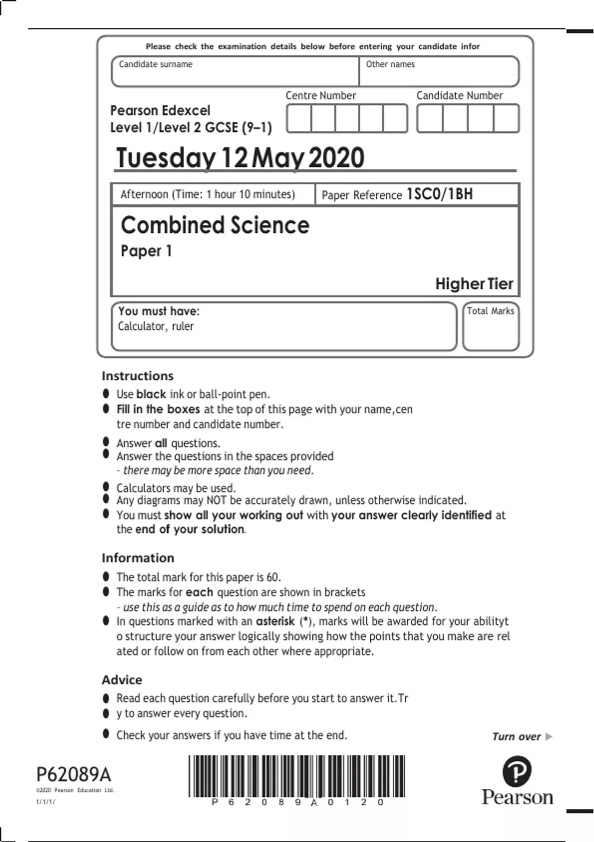 Pearson Edexcel Level 1Level 2 GCSE (9–1) Combined Science PAPER 1 ...