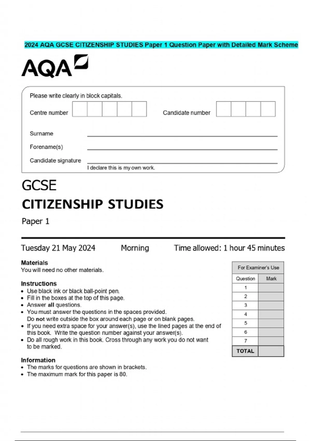 2024 AQA GCSE CITIZENSHIP STUDIES Paper 1 Question Paper with Detailed ...
