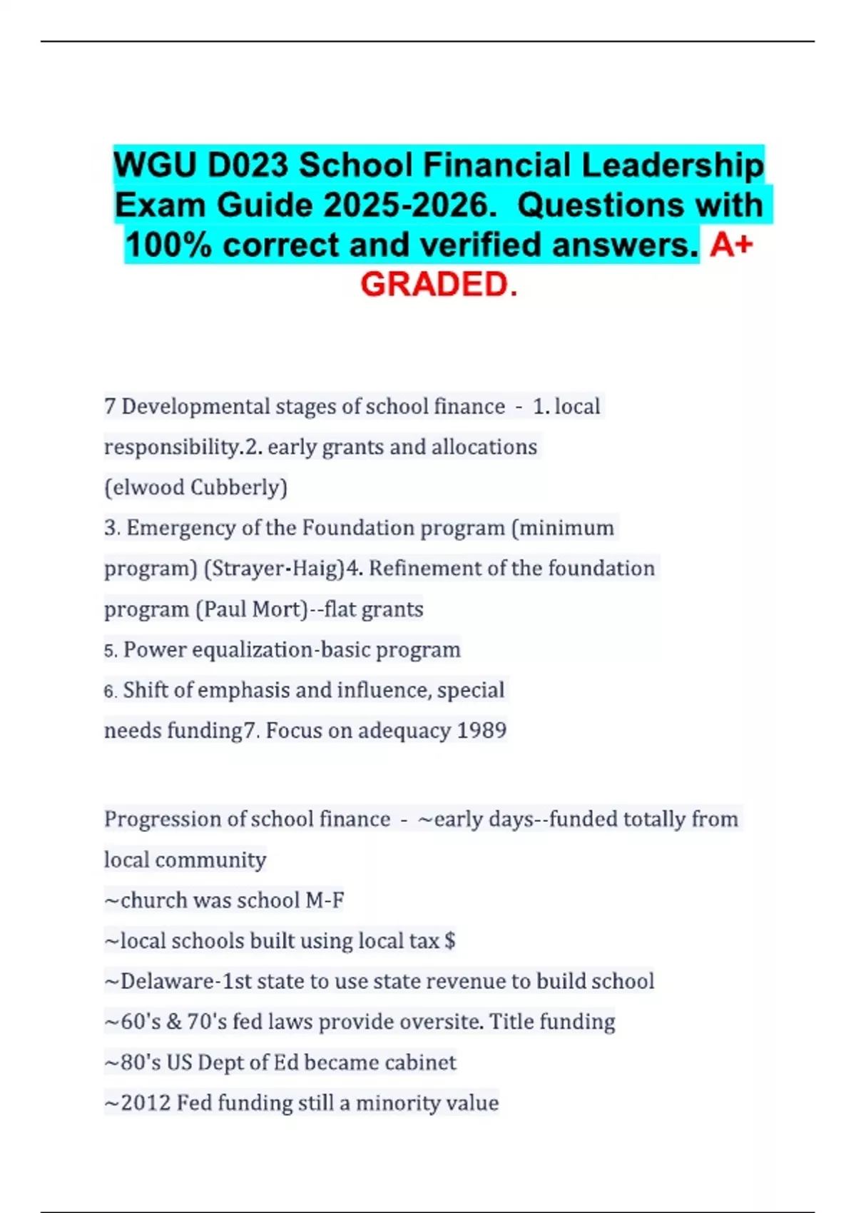 WGU D023 School Financial Leadership Exam Guide . Questions with 100% ...