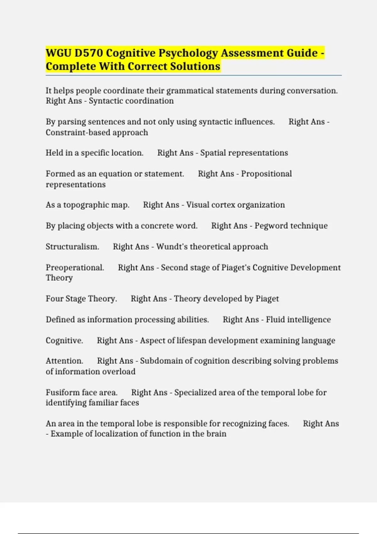 WGU D570 Cognitive Psychology Assessment Guide - Complete With Correct ...